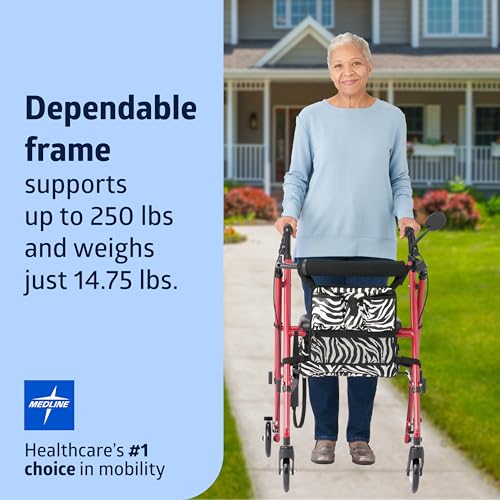 Medline Posh Premium Lightweight Aluminum Rollator Walker, Pink & Zebra Print, 250 lb. Weight Capacity, 6β Wheels, Water Resistant, Foldable, Rolling Walker for Seniors