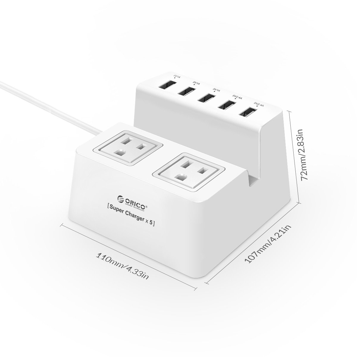 ORICO Desktop Power Strip, 2 Outlet 5 USB Charging Station, 5FT Extension Cord for Office,Dorm Room and Nightstand
