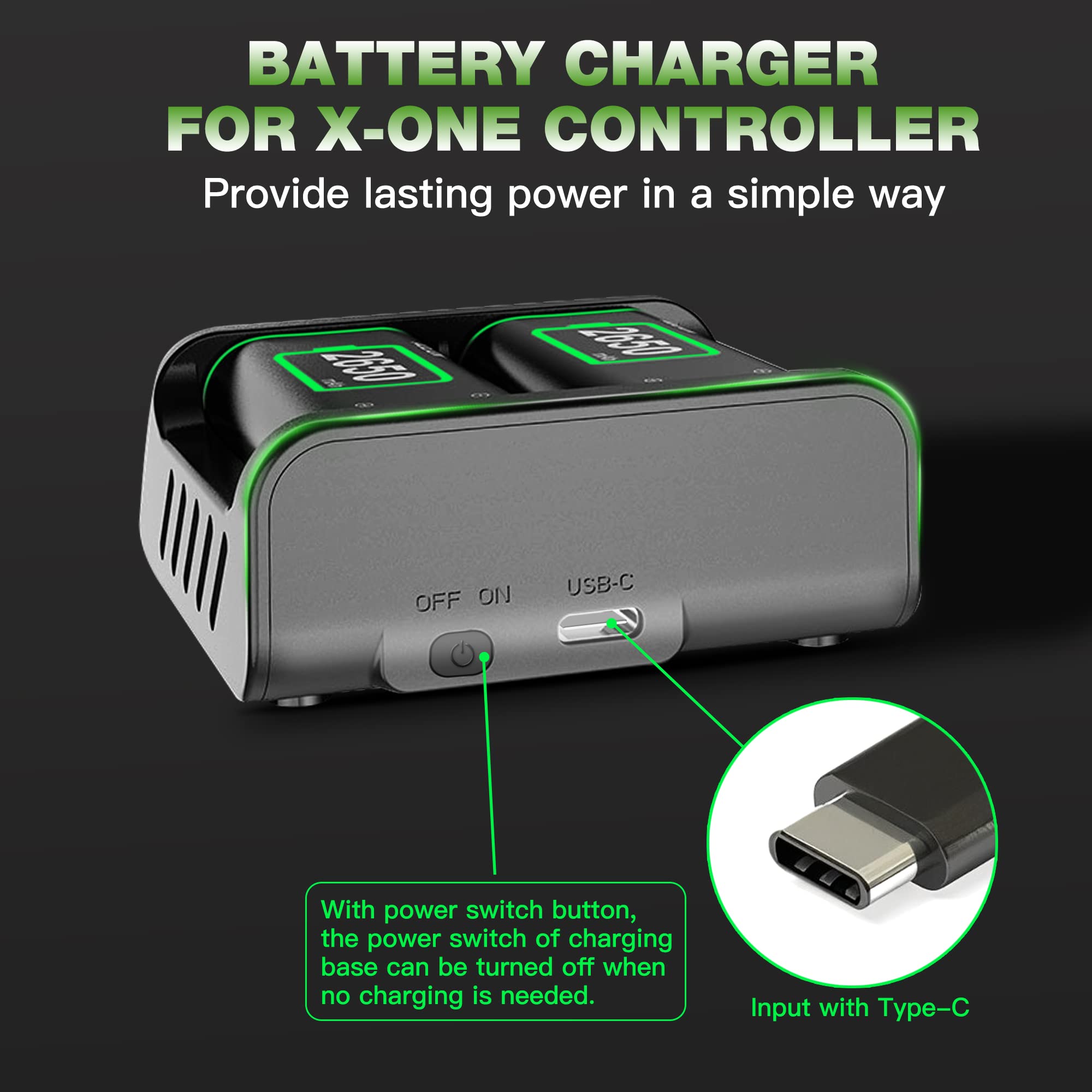 Rechargeable Battery Pack for Xbox One/Xbox Series X/S, 2 Pack Controller Battery Pack Play and Charge Kit with Charger Station and USB-C Charging Cable for Xbox 1 S/X/Elite Wireless Remote