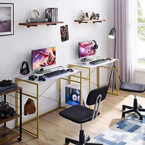 Mr IRONSTONE 39.4” Folding Computer Desk, Writing Desk Easy Assembly with 10 Hooks, Foldable Metal Frame, Writing Workstation Laptop Table for Home Office (Laminate Marble)