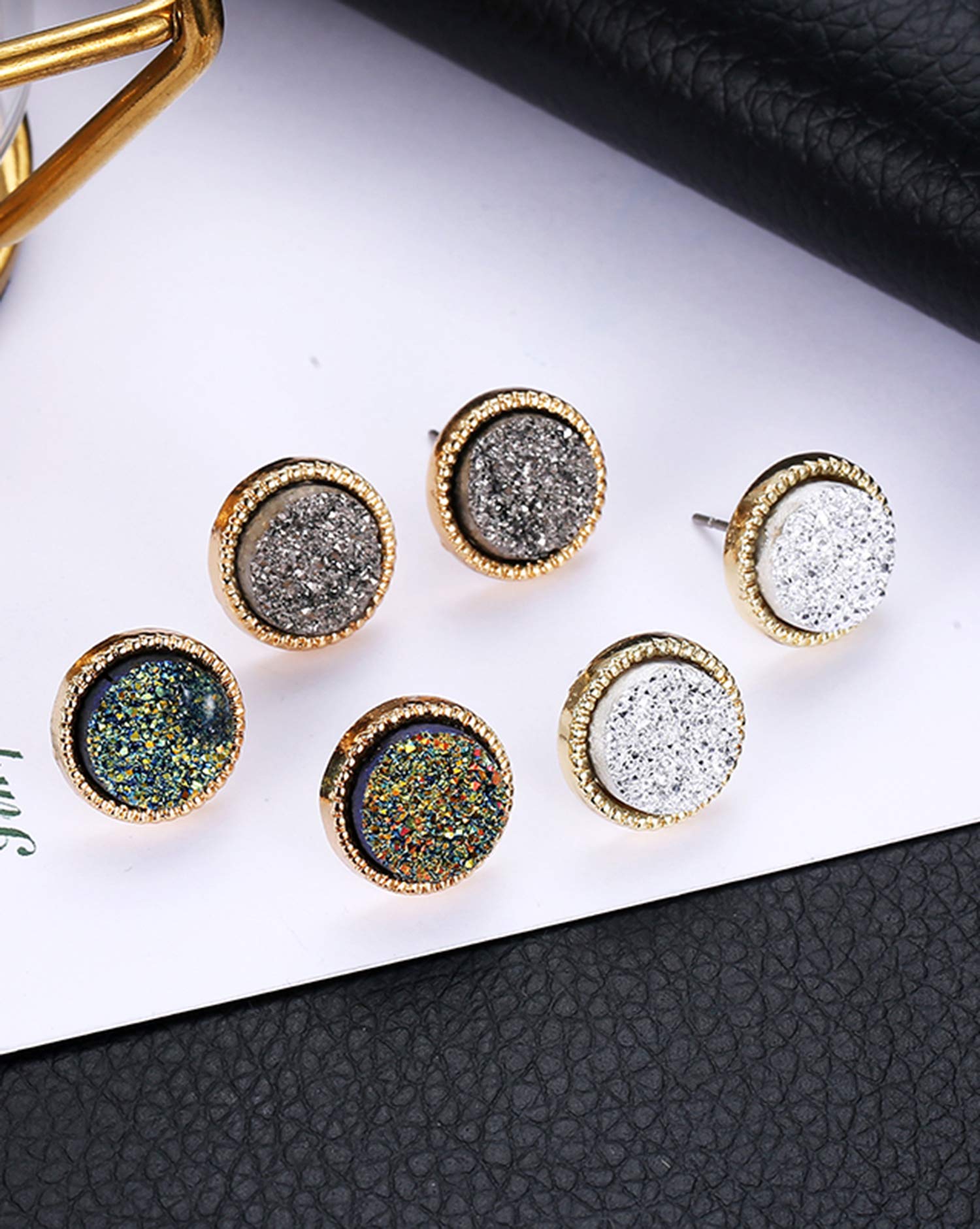 Ofeiyaa 9 Pairs Round Stud Earrings Stainless Steel Cute Druzy Crystal Studs Earrings Pierced for Women Ladies 10mm 20G