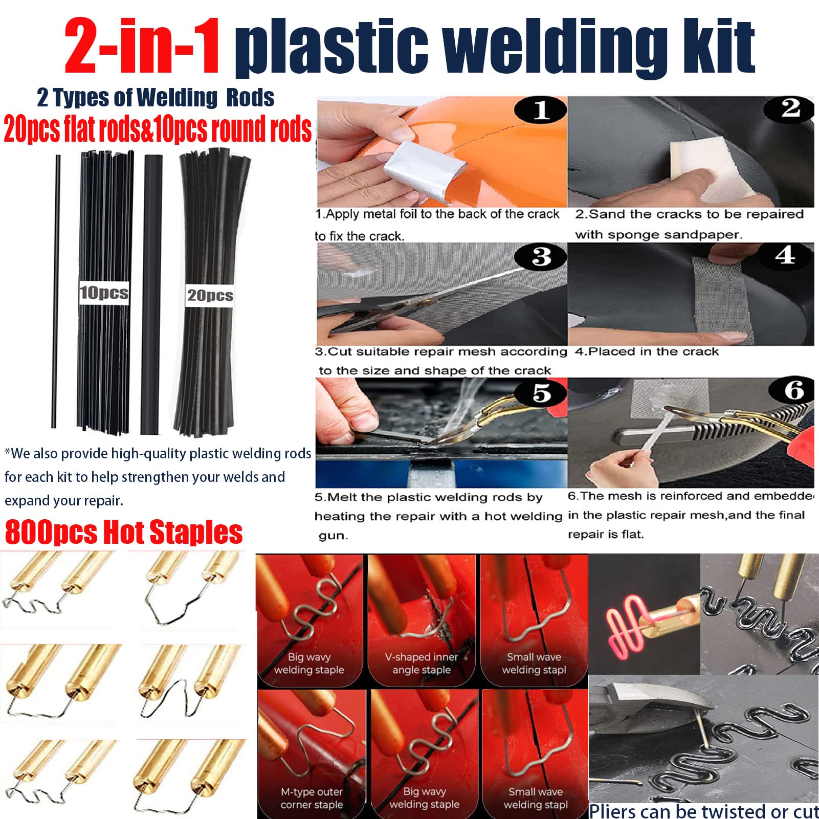 Upgraded 150W Plastic Welder Bumper Repair Kit,2-in-1 Plastic Welding Kit 800PCS Hot Staples & 30pcs Plastic Welding Rods,Hot Stapler Plastic Repair Kit for Car Bumper Kayak Crack Repairs(black)