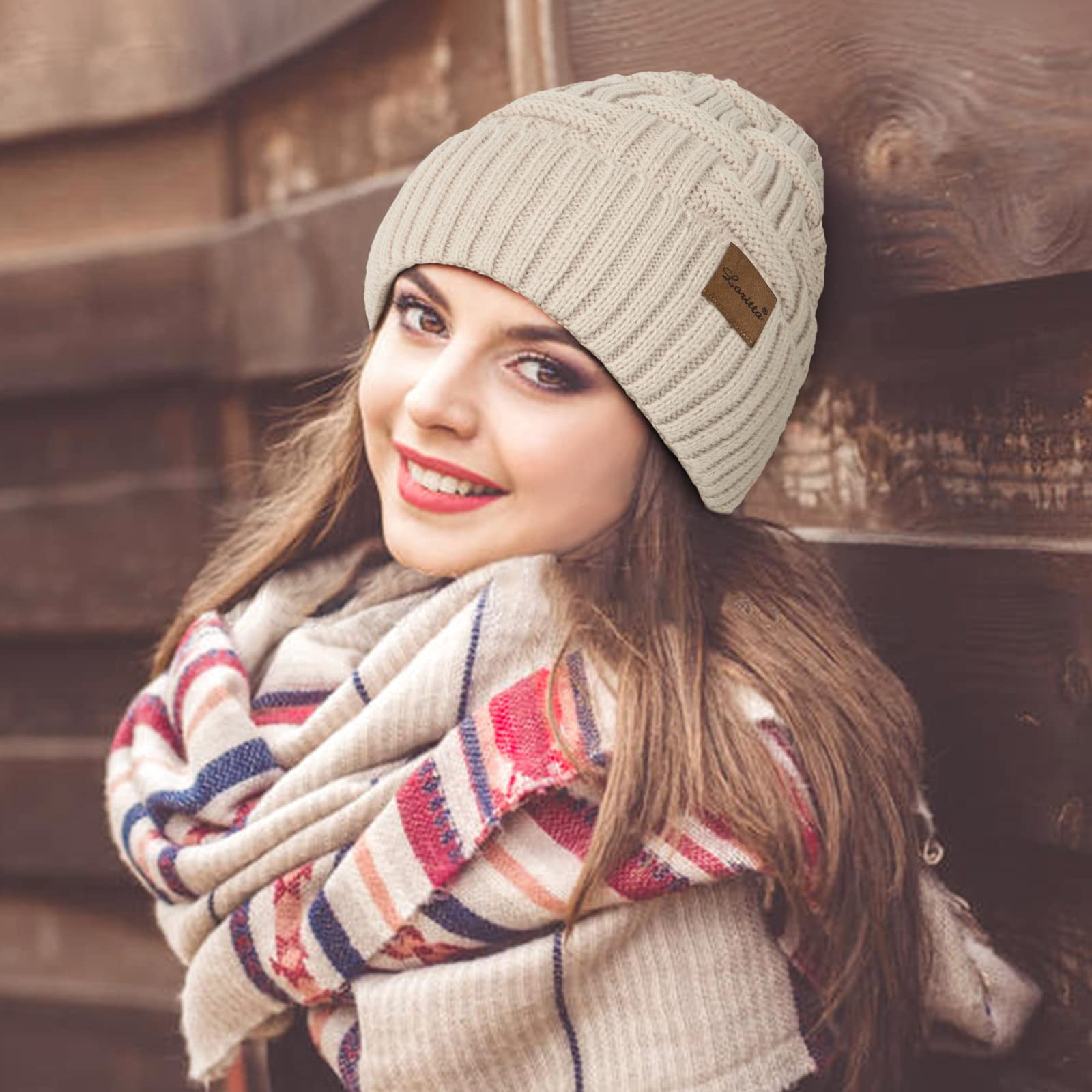 Loritta 3-Pieces Winter Hat Neck Warmer Touchscreen Gloves Set Knit Thick Scarf Beanie Hat Scarves Set Gifts for Women, Beige