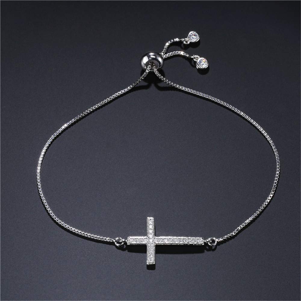 NEWBUY Classic Design AAA+ Cubic Zirconia Cross Charm Bracelets For Women Adjustable Copper Chain Bracelet & Bangle Christian Jewelry Baptism Gift (white Gold Plated)