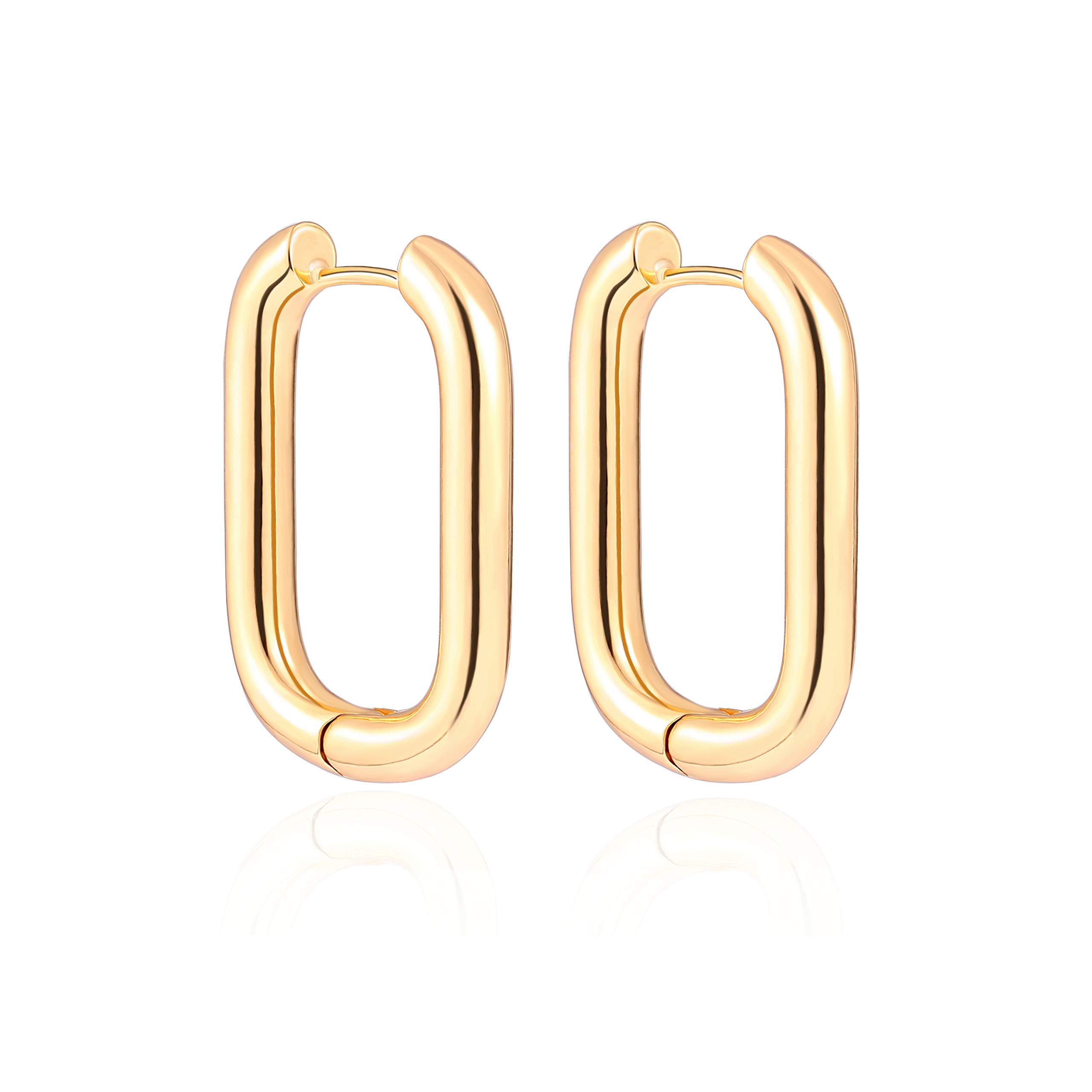 PEARLADA 18K Gold Oval Huggie Hoop Earrings for Women Chunky Tube Leverback Earrings Dainty Minimalist Jewelry Christmas Gift Fashion Rounded Rectangle Endless Hoop Earrings