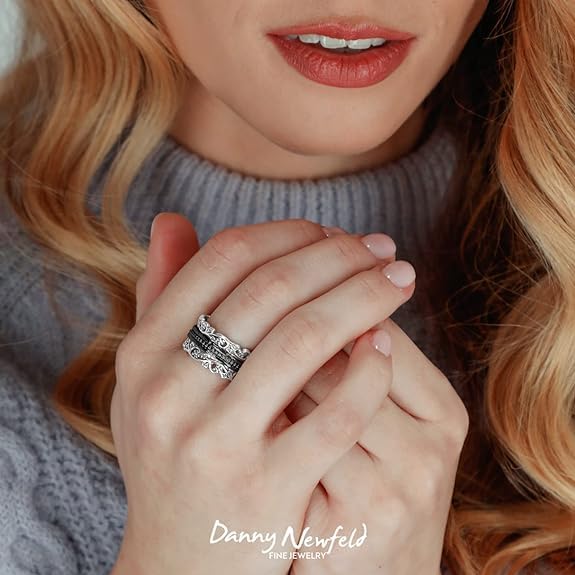 Paz Creations 925 Sterling Silver Spinner Ring/Fidget Ring/Anxiety Ring - 925 Sterling Silver Rings for Women, Stylish Boho Ring (Black Ruthenium, Size 9)