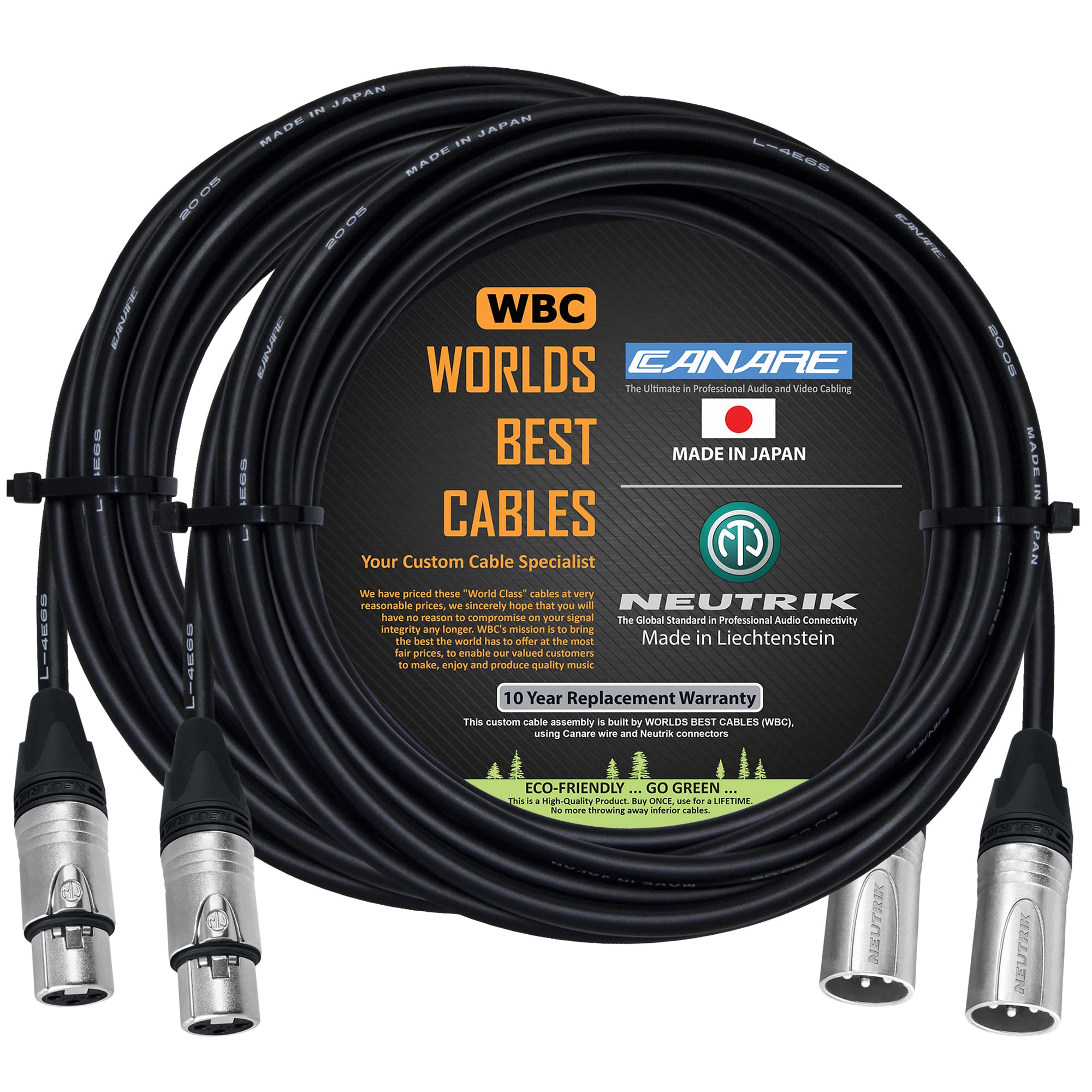 WORLDS BEST CABLES 2 Units - 25 Foot – Quad Balanced Microphone Cable Custom Made Using Canare L-4E6S Wire and Neutrik Silver NC3MXX Male & NC3FXX Female XLR Plugs