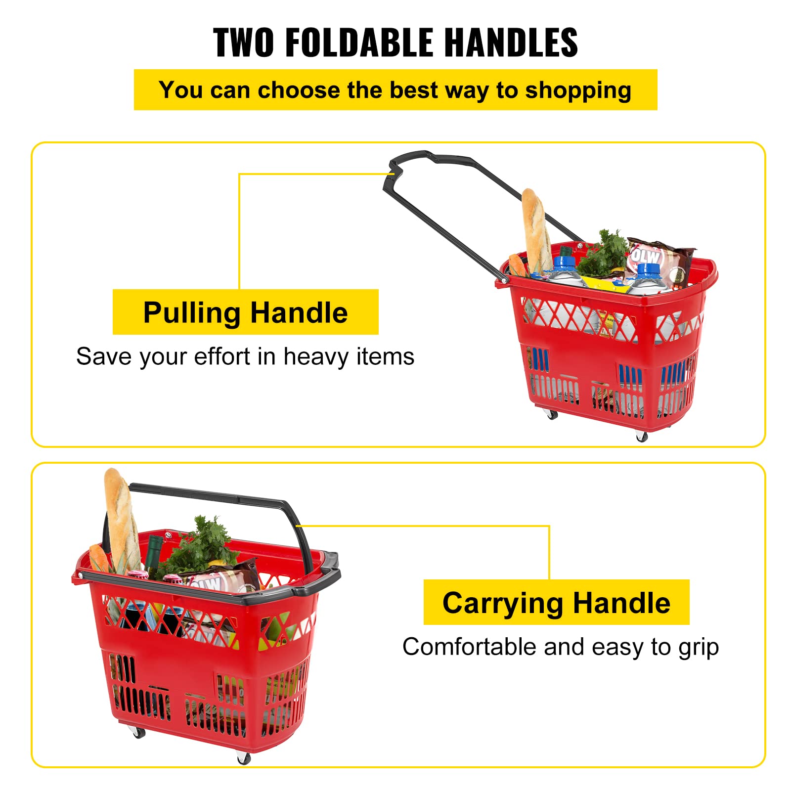 Mophorn 6PCS Shopping Carts, Plastic Rolling Shopping Basket with Wheels, Red Shopping Baskets with Handles, Portable Shopping Basket Set for Retail Store