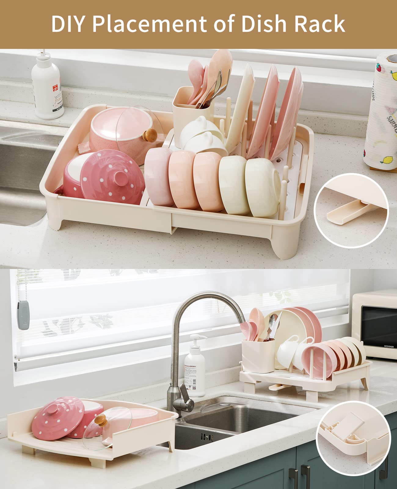 Outlet Dish Drying Rack - Large Adjustable Dish Rack Expandable Plastic Dish Drainer for Kitchen Counter with Utensil Holders, Detachable Space Saving Kitchen Organizer for Bowls Plates (Apricot)