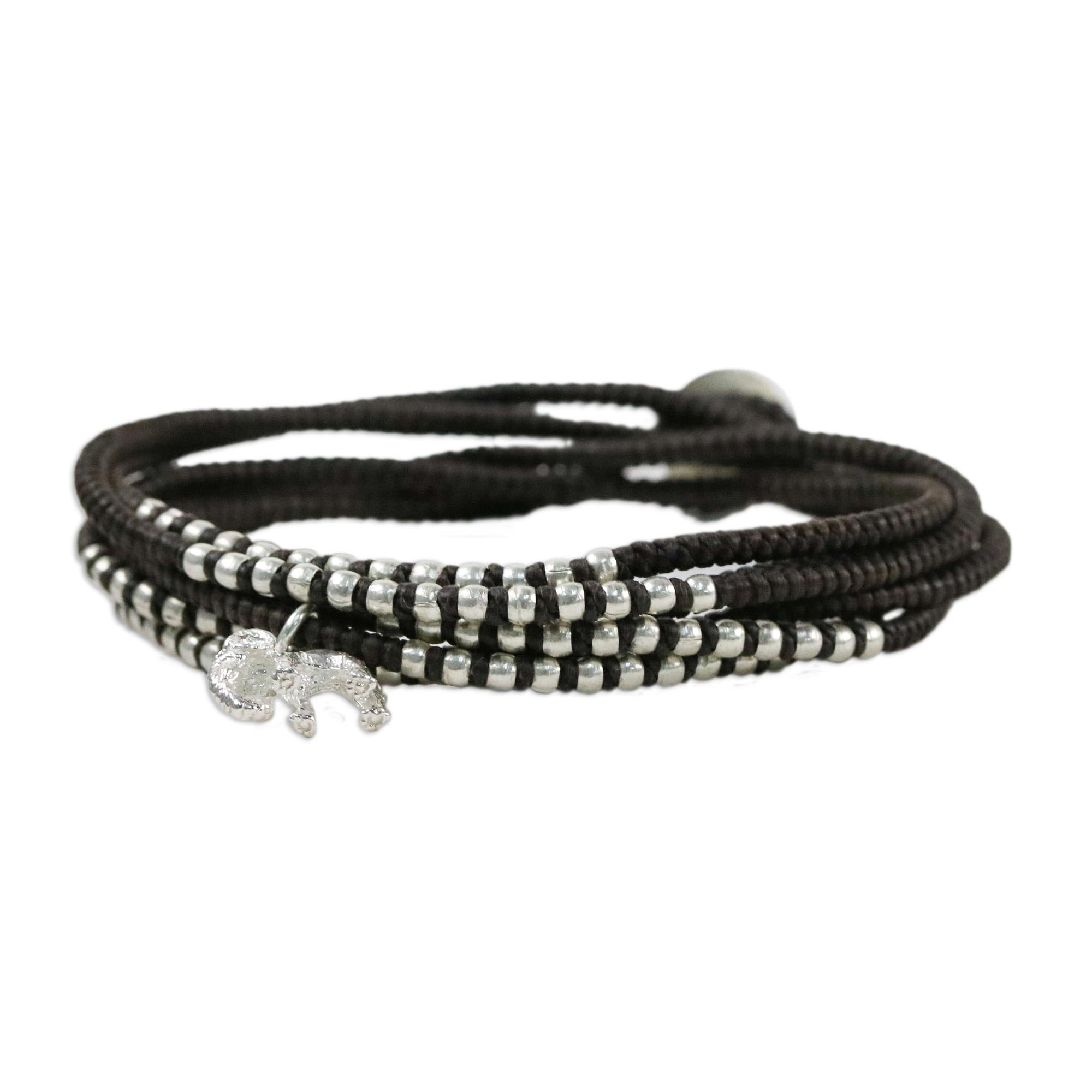 NOVICA .925 Sterling Silver Beaded Bracelet, 21.75", Amazing Elephant in Brown'