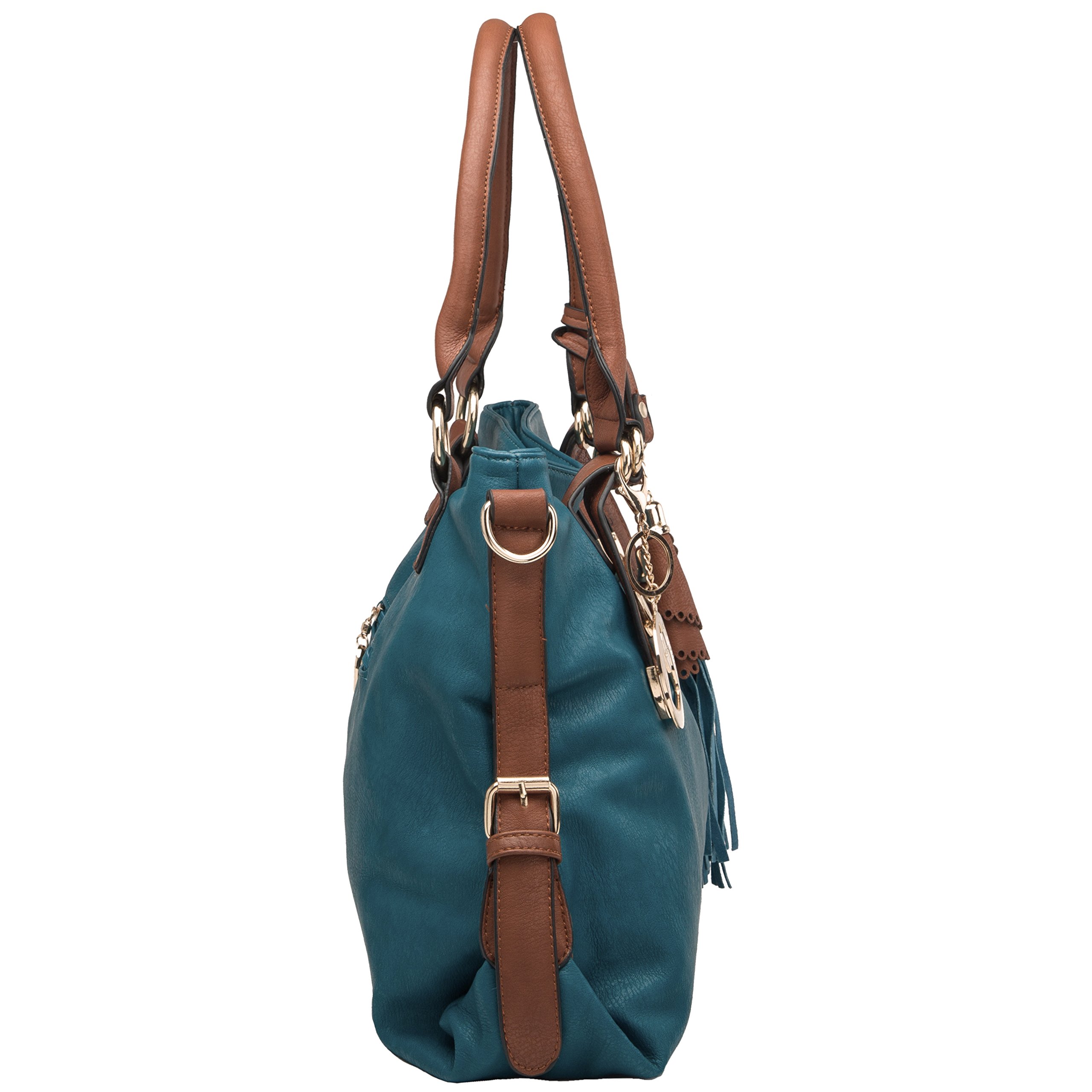 MG Collection THALIA Handbag for Women, Dark Teal Leatherette Purse with Top Handle, Shoulder Straps and Decorative Tassel