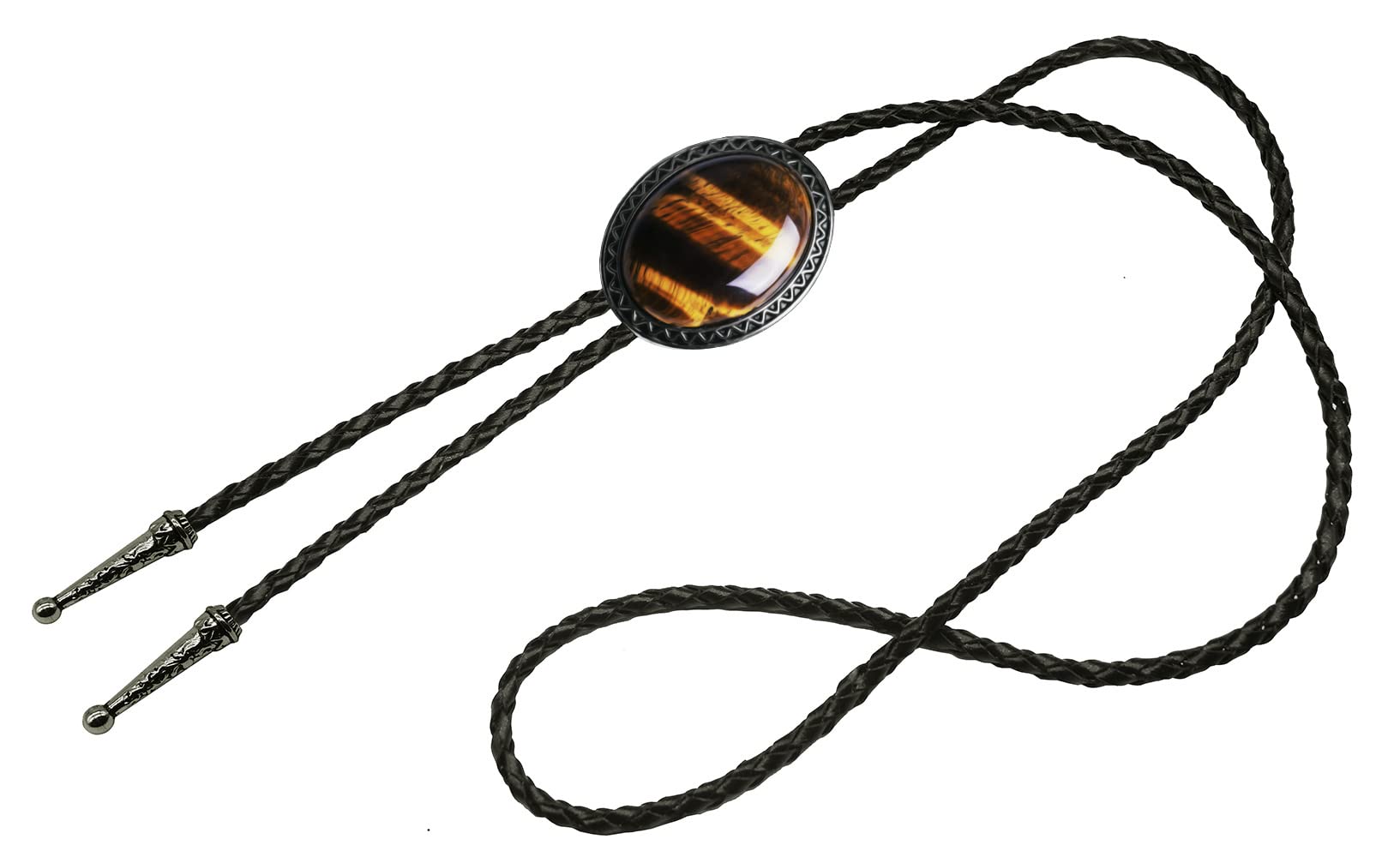 Moranse Bolo Tie with Natural Tiger Eye Stone Celtic Style Genuine and Cowhide Rope(Tiger Eyes 1 Style)