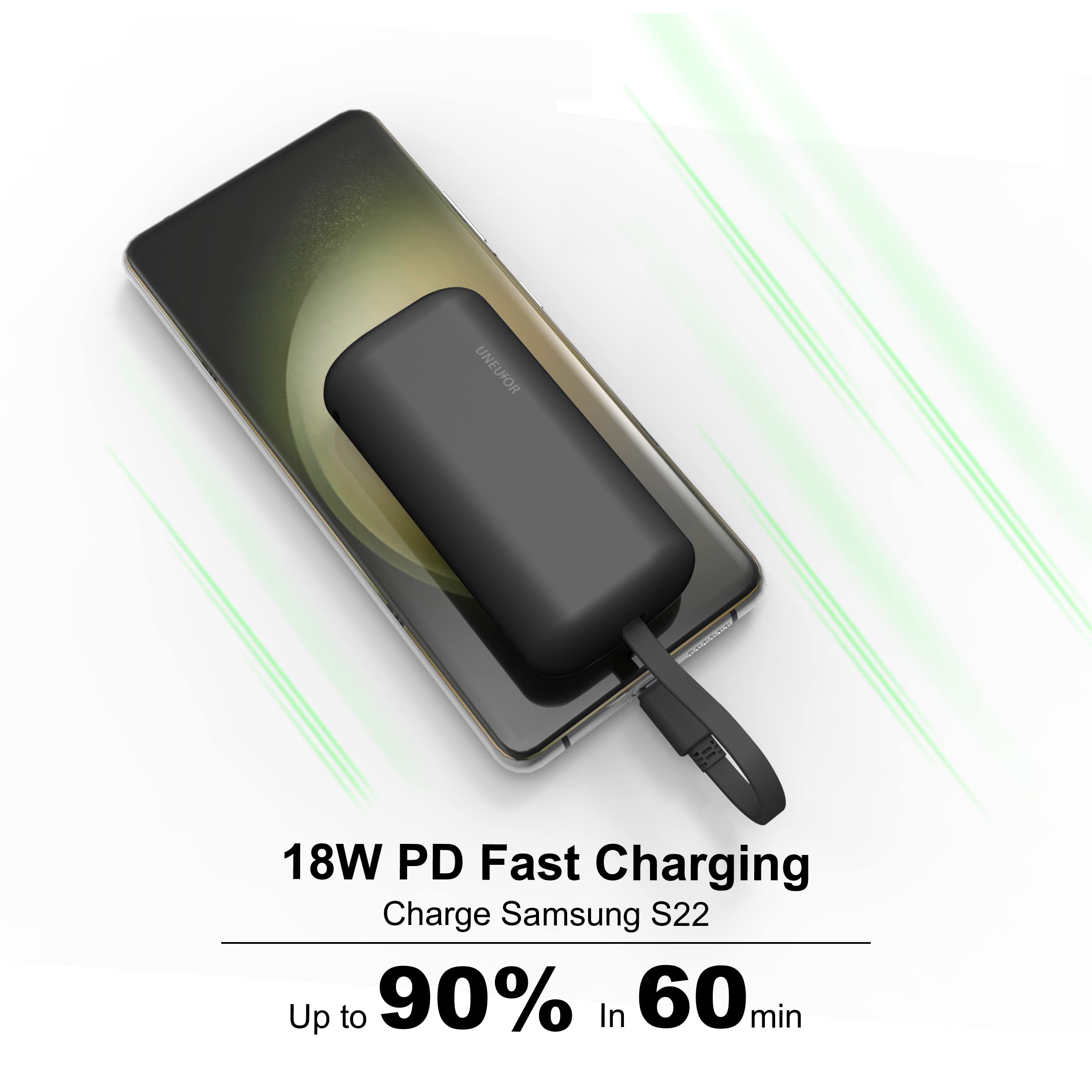 Portable Charger with Built-in USB-C Cable,10000mAh 18W PD Fast Charging Power Bank.Ultra-Compact Battery Pack Compatible with iPhone 15,15 Plus,15 Pro,Samsung Galaxy S23,S22,S21,Moto,LG (Black)