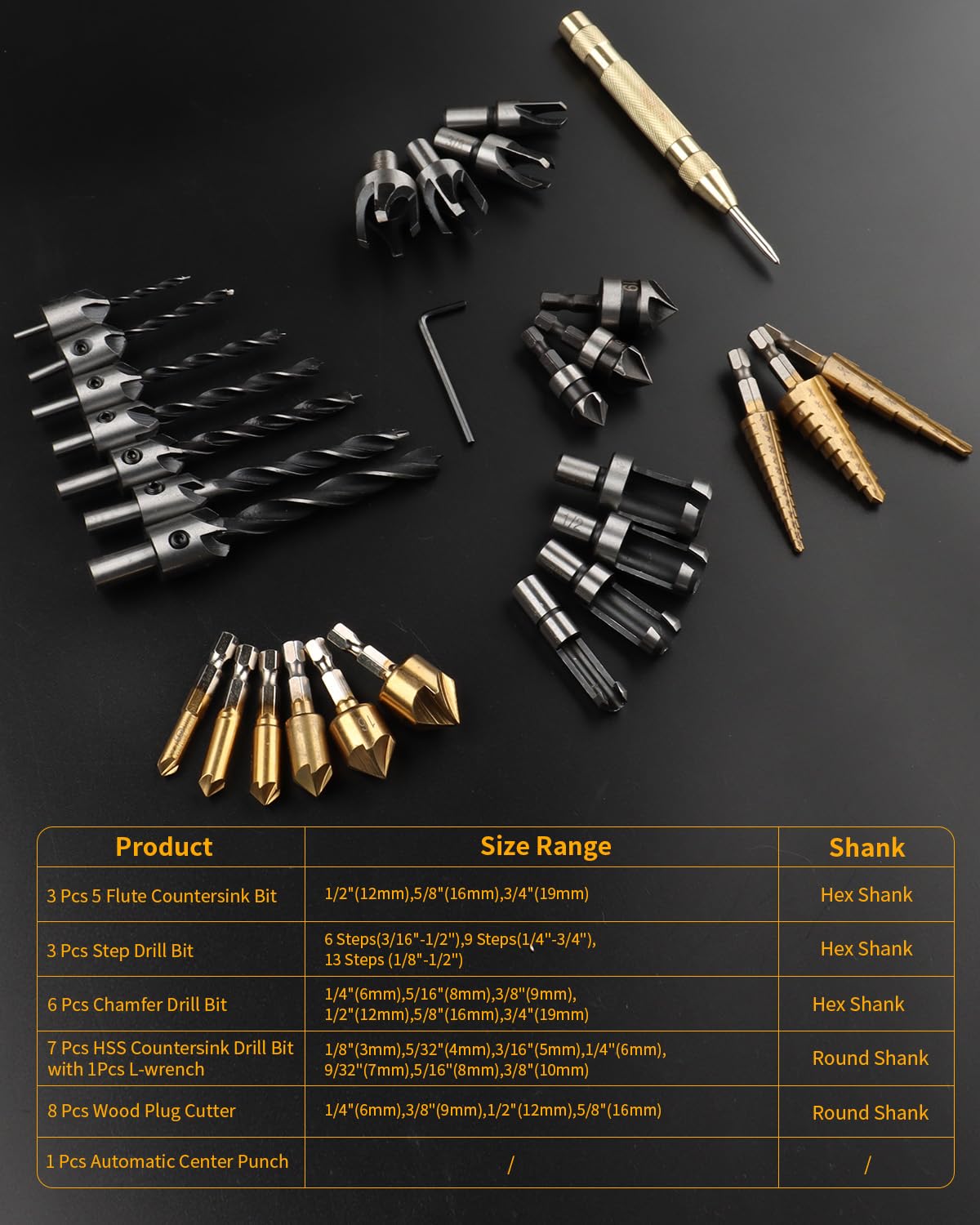 WENHUALI 29-Pack Woodworking Chamfer Drilling Tools, 6 Countersink Drill Bits, 7 Counter Sinker Drill Bit, 8 Wood Plug Cutter, 3 Step Drill Bits and 3 Countersink Drill Bit with 1pcs Center Punch.