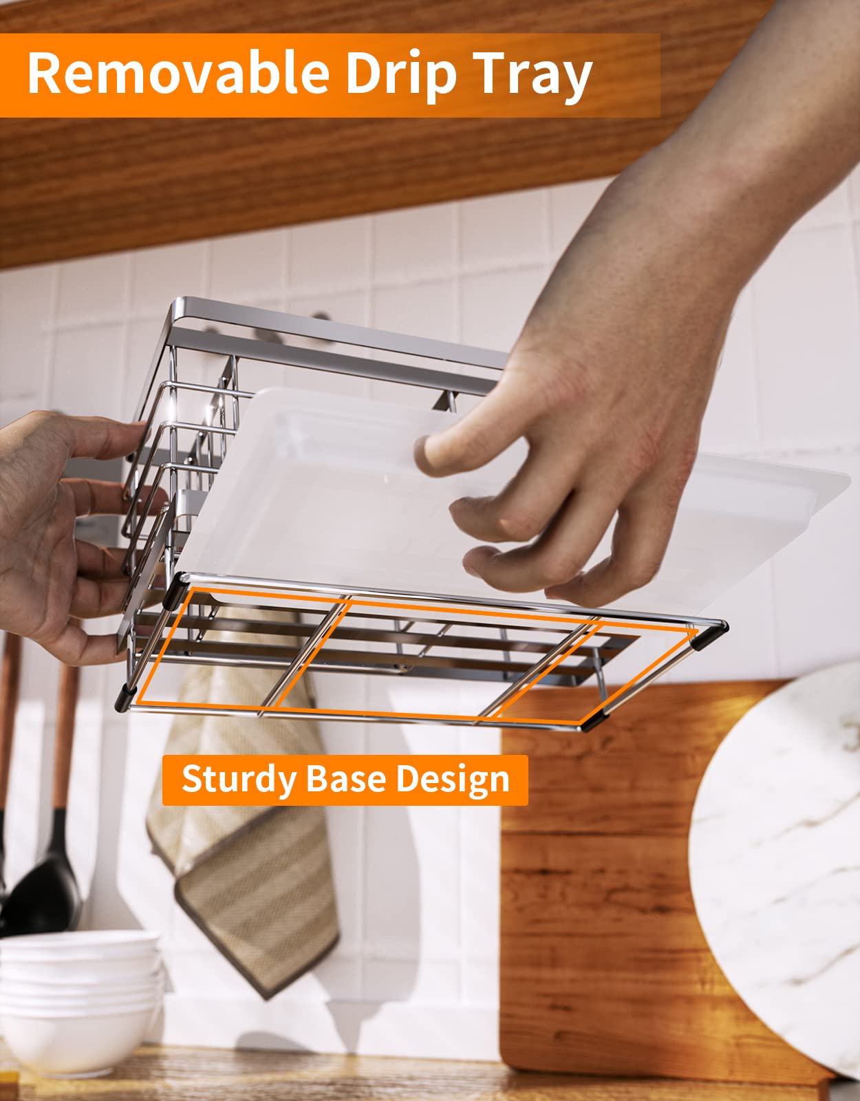 SWTYMIKI Kitchen Sink Caddy Organizer with Dishcloth Holder, Rustproof Stainless Steel Sponge Holder with Removable Drain Tray, Sink Rack Holds Sponge, Dishcloth and Brush in Silver