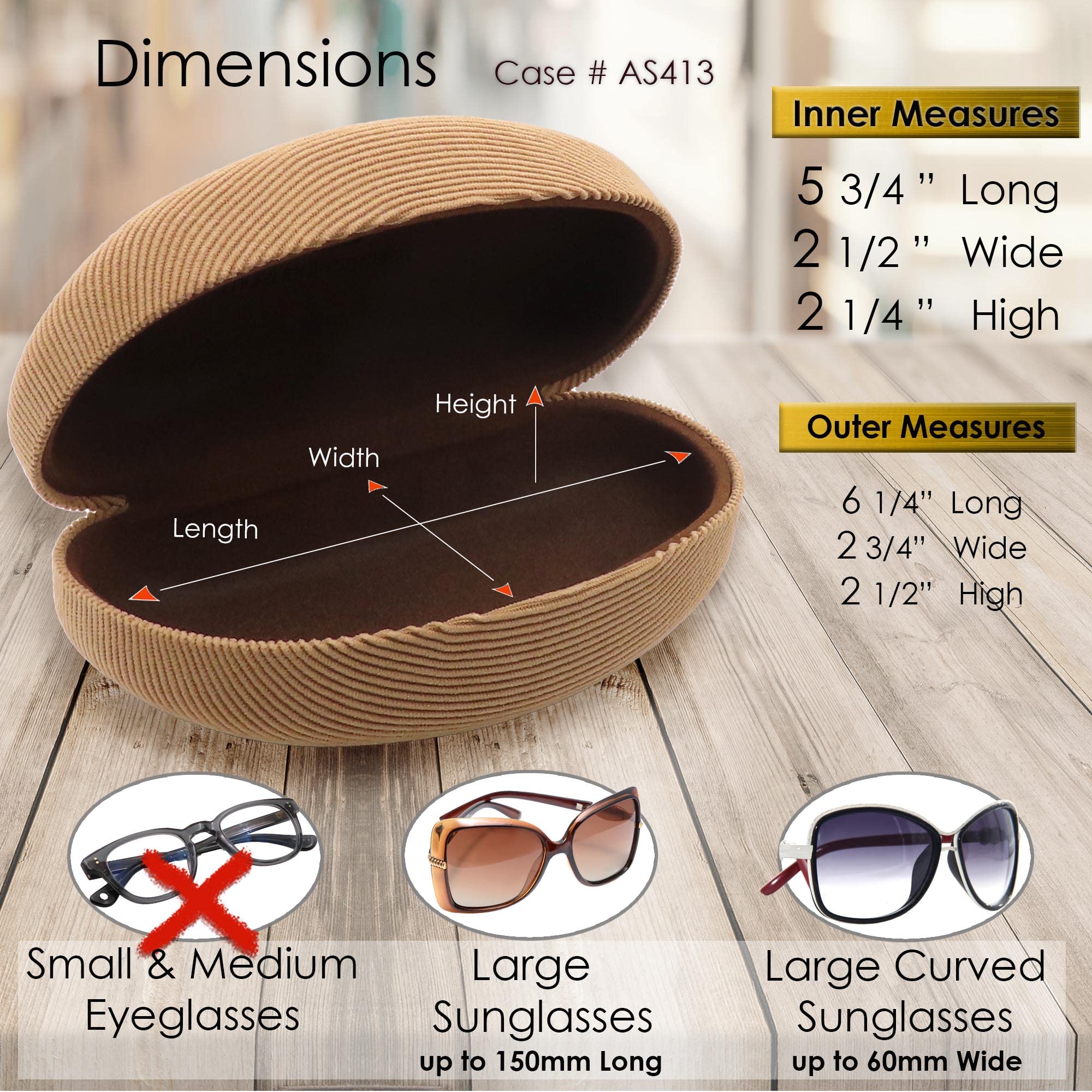 MyEyeglassCase Hard Sunglasses Case, Large Glasses Case | Eyeglass Case for Large Frames with Drawstring Pouch and Cleaning cloth (AS413 Corduroy Beige)