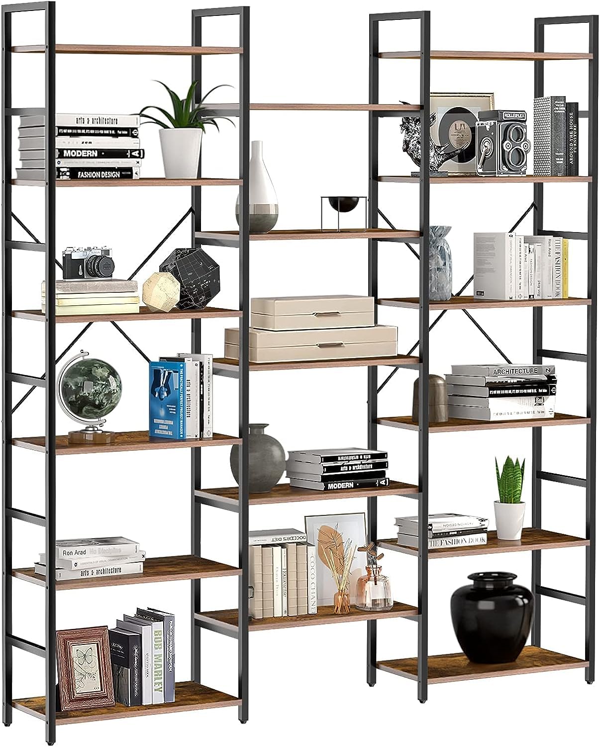 oneinmil Triple Wide 6-Tier Bookshelf, Industrial Display Bookshelf, Wood and Metal Etagere Bookcase for Bedroom,Living Room,Office, Brown