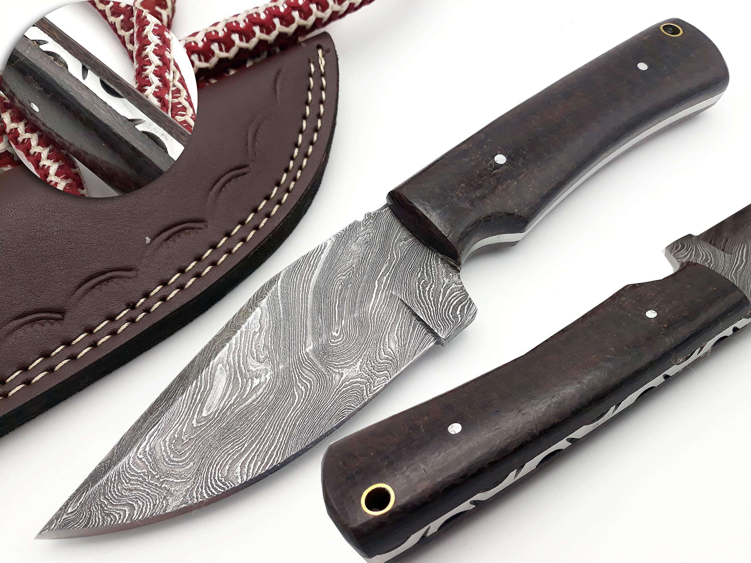 Nooraki SK-65 Handmade Damascus Hunting Knife 8.5 inches Full Tang Blade with Leather Sheath Skinner Knife, Exotic Walnut Wood Handle
