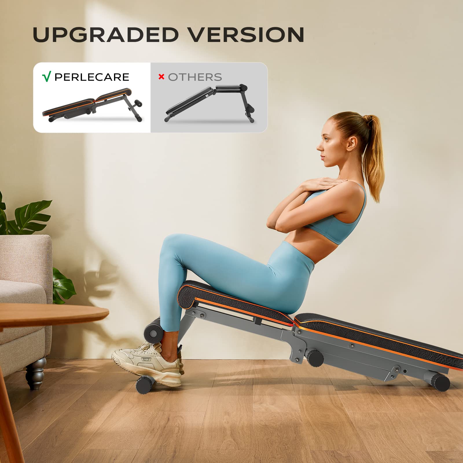 PERLECARE Weight Bench Adjustable, Sit Up Bench for Ab Bench Exercises, MultiFunctional Flat Incline Decline Bench with 7 Adjustable Height Settings, Robust Weightlifting Bench Holds Weight up to