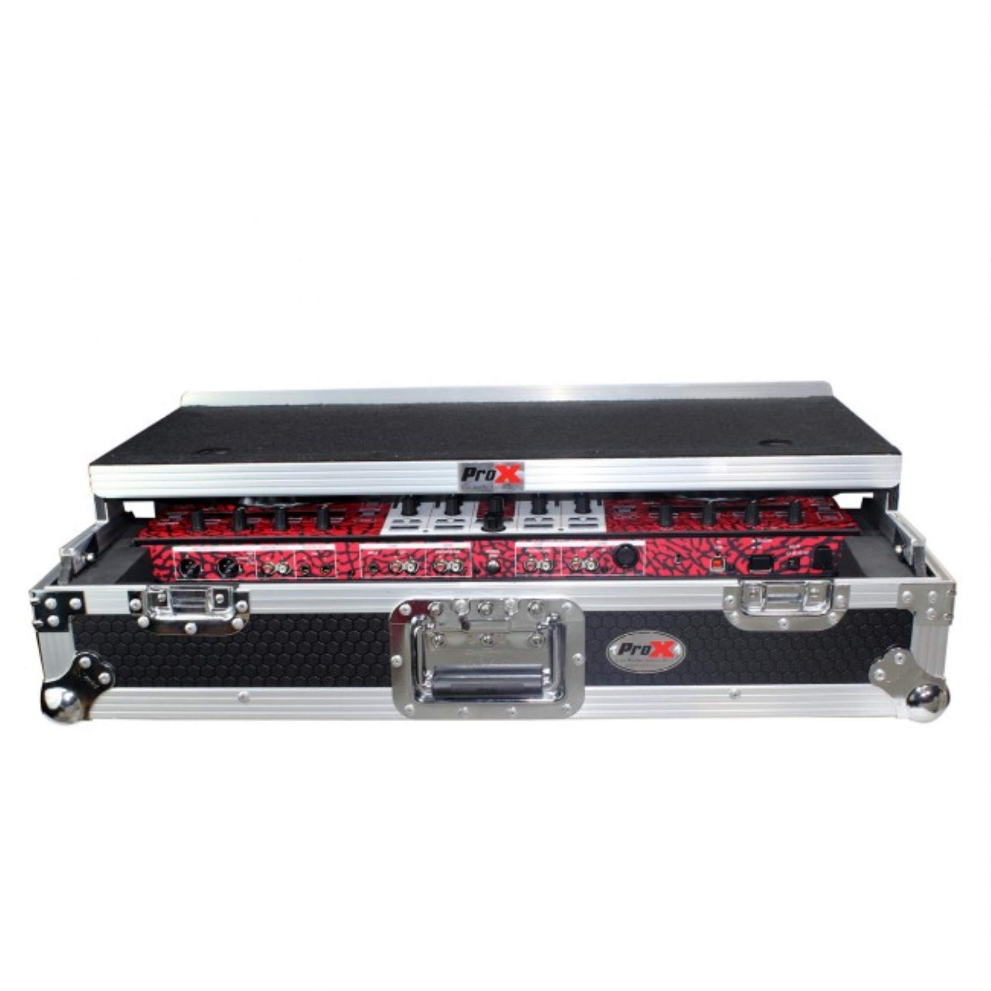 ProX Flight Case for Pioneer DJ DDJ-SX,RX & Denon MCX7000 With Sliding Laptop Shelf, LED Lights and Wheels - Silver on Black Design - XS-DDJSX WLT LED