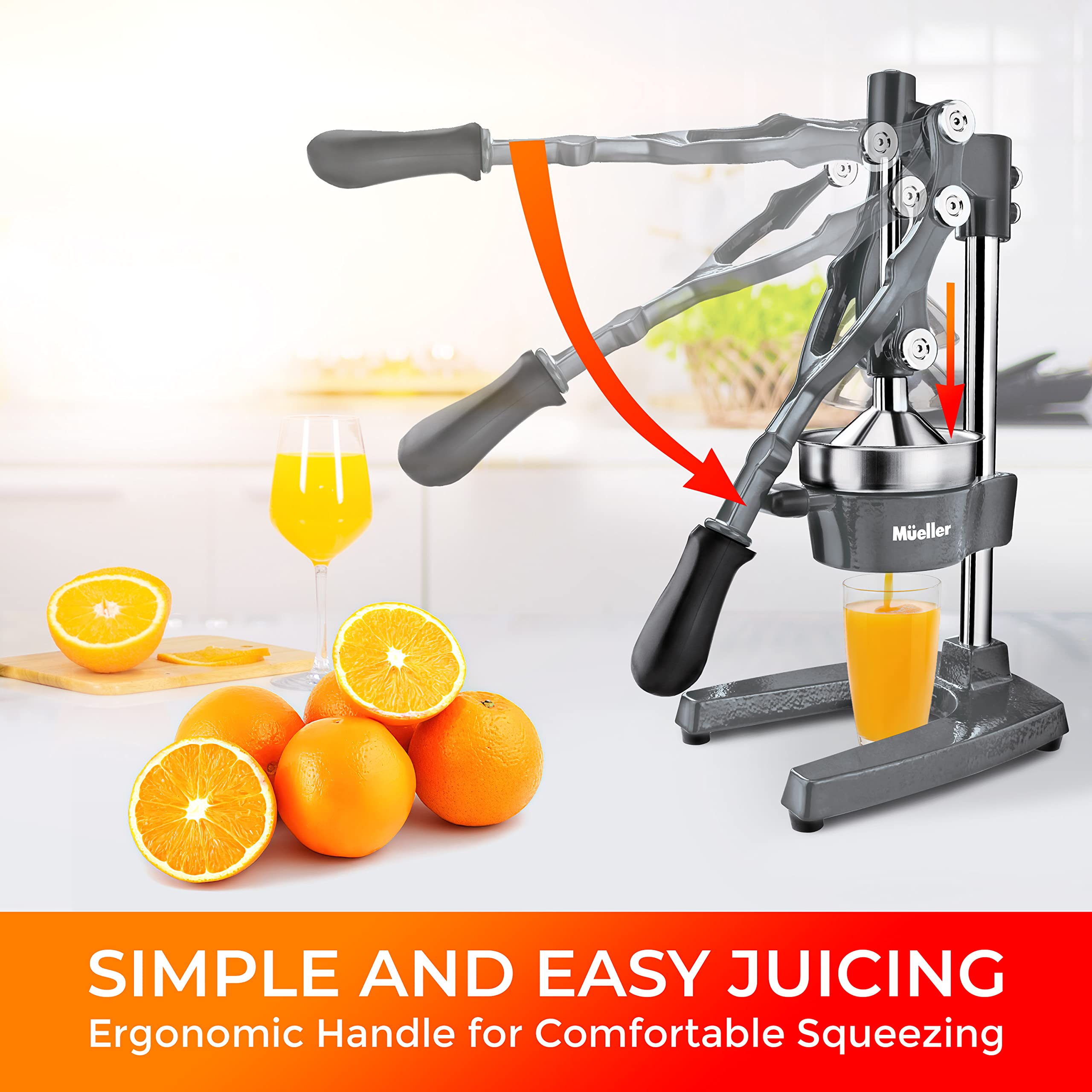 Mueller Professional Citrus Juicer - Manual Citrus Press and Orange Squeezer - Metal Lemon Squeezer - Premium Quality Heavy Duty Manual Orange Juicer and Lime Squeezer Press Stand, Gray