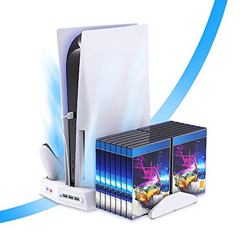Playstation 5 Charging Station with Cooling Fan, Vertical Solid Stand Ps5 Console. Two Controllers Charger Station with Charging Indicator, Retractable Game Slot, White