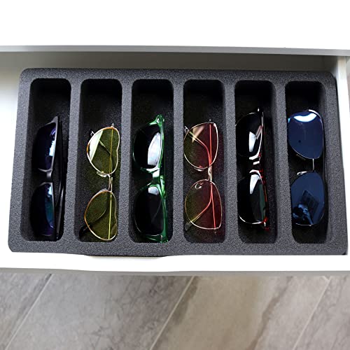 Polar Whale Sunglasses Drawer Organizer Tray Insert for Home Bedroom Bathroom Vanity Dresser Counter Table Waterproof Washable Black Foam 6 Compartment 8.25 x 18 Inches