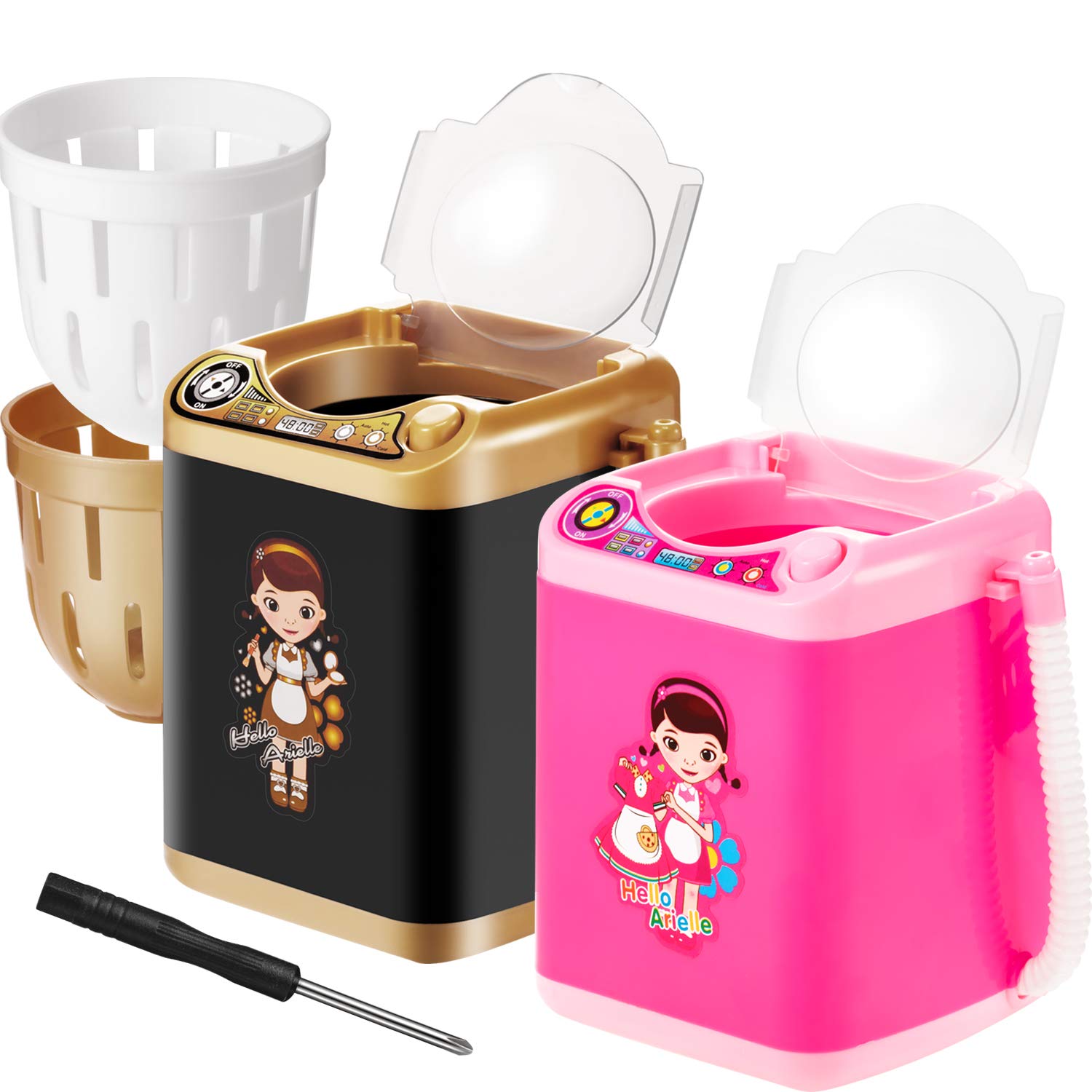Makeup Washing Machine,2 Pieces Automatic Mini Washing Machine Toy Brushes Cleaner Device,Electronic Powder Puff Deep Clean Machine Washing Tools,Mini Toy(Black and Pink)