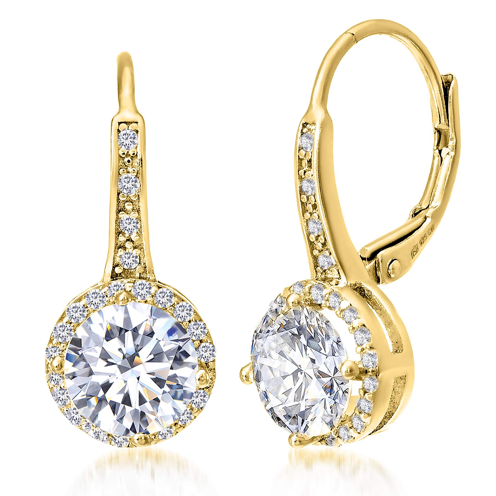 Mia Sarine Yellow Gold Plated 925 Sterling Silver Cubic Zirconia Halo Leverback Dangle Bridal Earrings for Women Yellow