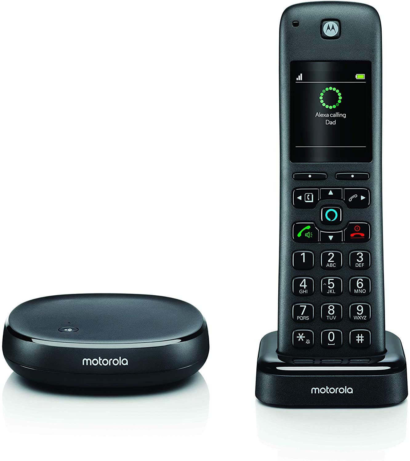 Motorola AXH01 DECT 6.0 Smart Cordless Phone and Answering Machine with Alexa Built-in – 1 Cordless Handset Included, black, 1 handset pack