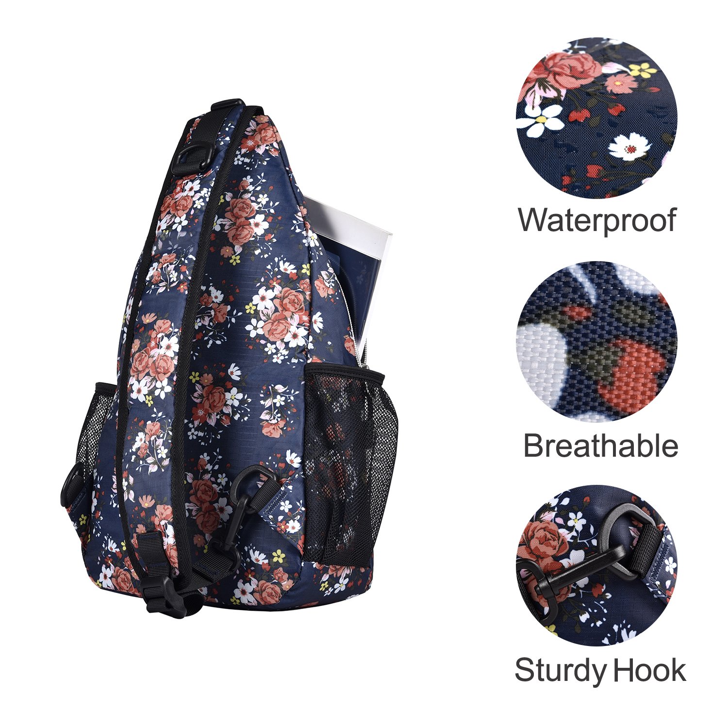 MOSISO Sling Backpack,Travel Hiking Daypack Pattern Rope Crossbody Shoulder Bag, Navy Blue Base Floral