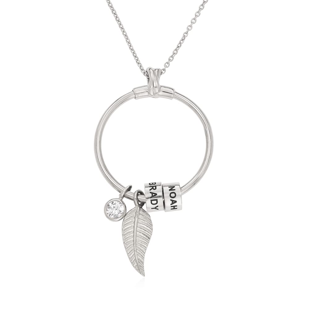 MYKA - Personalized Circle Necklace with Engraved Stacking Beads/Up to 5 Charms with Hanging Leaf & CZ Stone for Woman/Sterling Silver & Gold Plating/Jewelry Gift for Mother’s Day