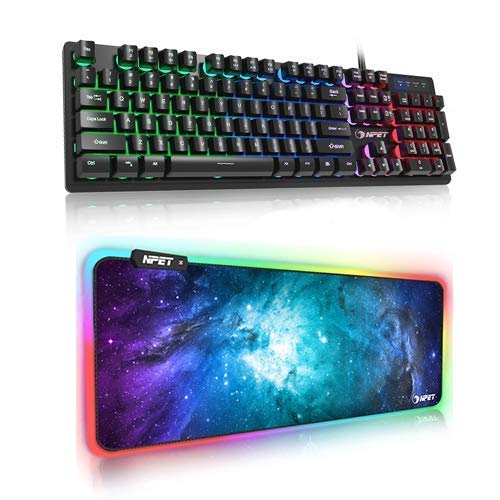 NPET Gaming Keyboard and RGB Gaming Mouse Pad Bundle, Wired Floating Rainbow Keyboard, 31.5 X 11.8 Inch 12 Lighting Modes, Touch Control, Durable Stitched Edges LED Mouse Pad