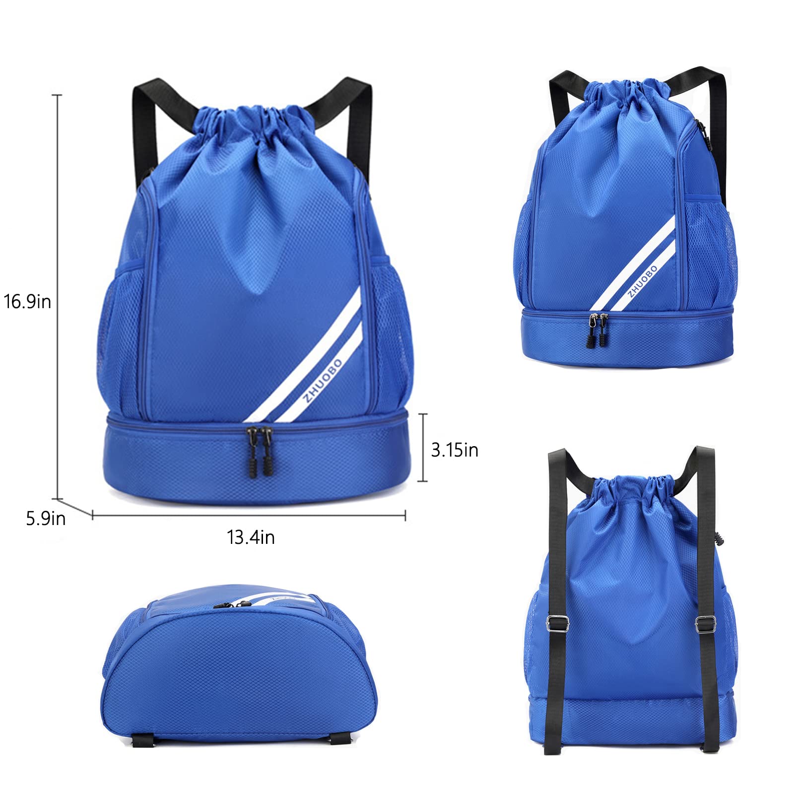 MUNTICO Waterproof Drawstring Backpack Sports Backpacks With Shoe Compartment Large Gym Drawstring Bags for Men Women (Blue)