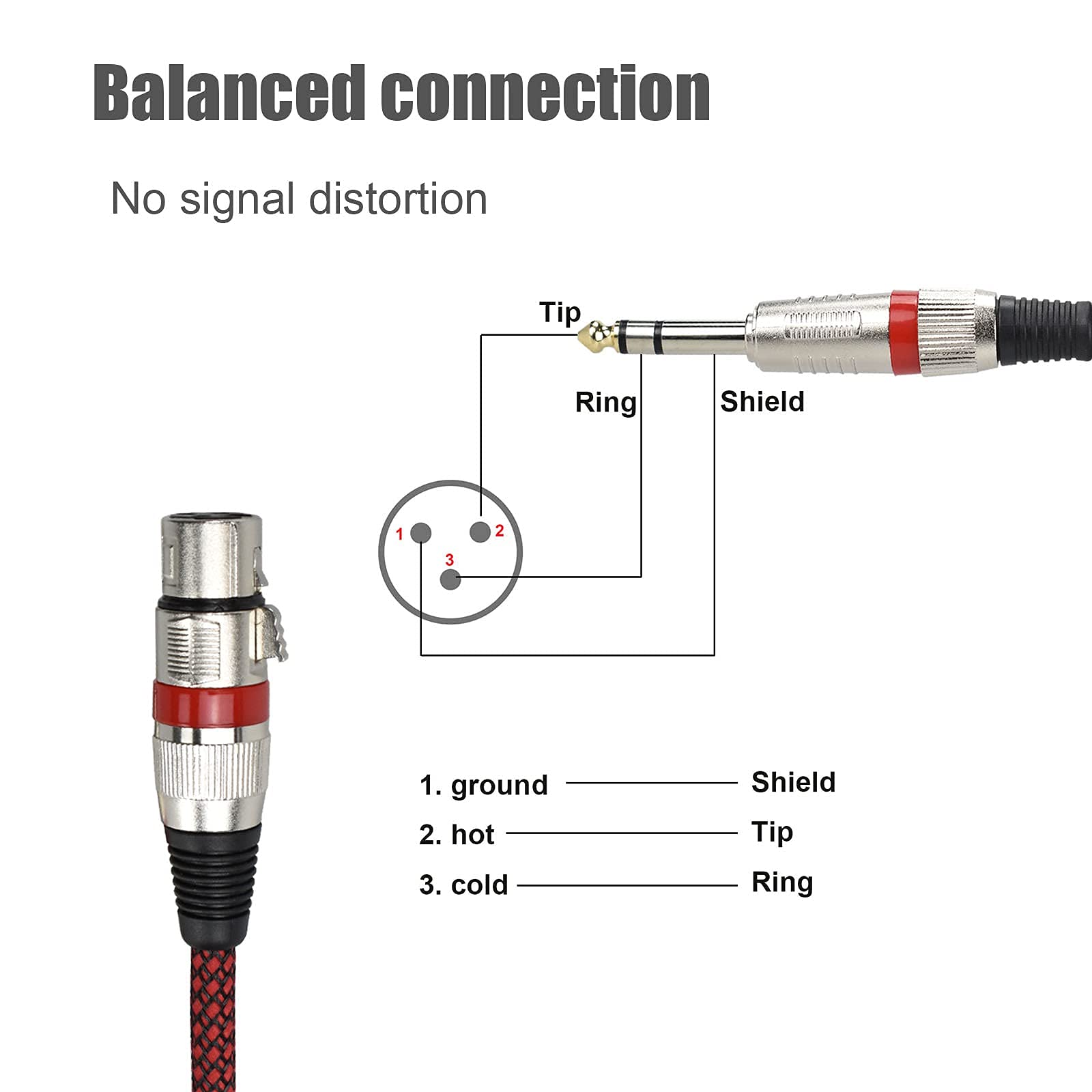 Mugteeve 1/4" TRS to XLR Female Cable Adapter Balanced, 6.6FT Stereo Quarter Inch TRS to XLR Microphone Cable, Nylon Braided, OFC Shielded, Red Color, for Mic/Speaker/Mixer - 2Pack