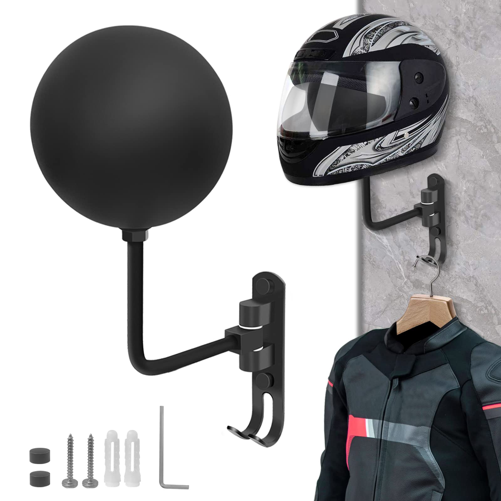 Motorcycle Helmet Rack, Helmet Holder Wall Mount 180° Rotation Hanger with 2 Hook for Coats, Caps, Motorcycle Accessories (Grey, 1 PCS)