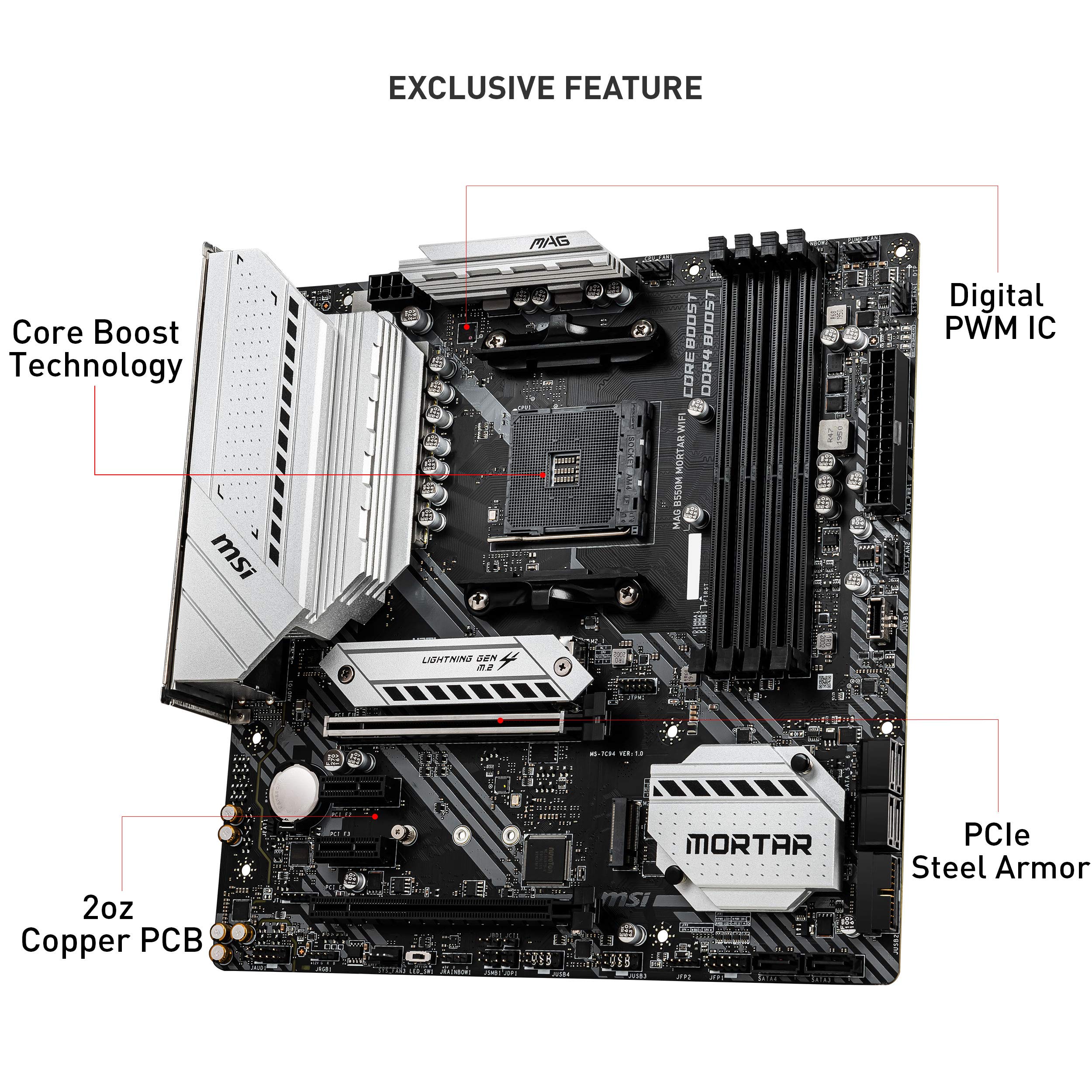 MSI MAG B550M Mortar WiFi Gaming Motherboard (AMD AM4, DDR4, PCIe 4.0, SATA 6Gb/s, M.2, USB 3.2 Gen 2, AX Wi-Fi 6, HDMI/DP, Micro-ATX, AMD Ryzen 5000 Series Processors)