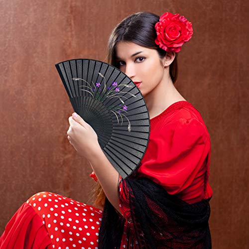 Metable Black Silk Folded Hand Fan Bamboo Handheld Folding Fan with Gift Boxed Oriental Handmade for DIY Wall Decoration Wedding Party Favor Women Man Dancing Show Prop