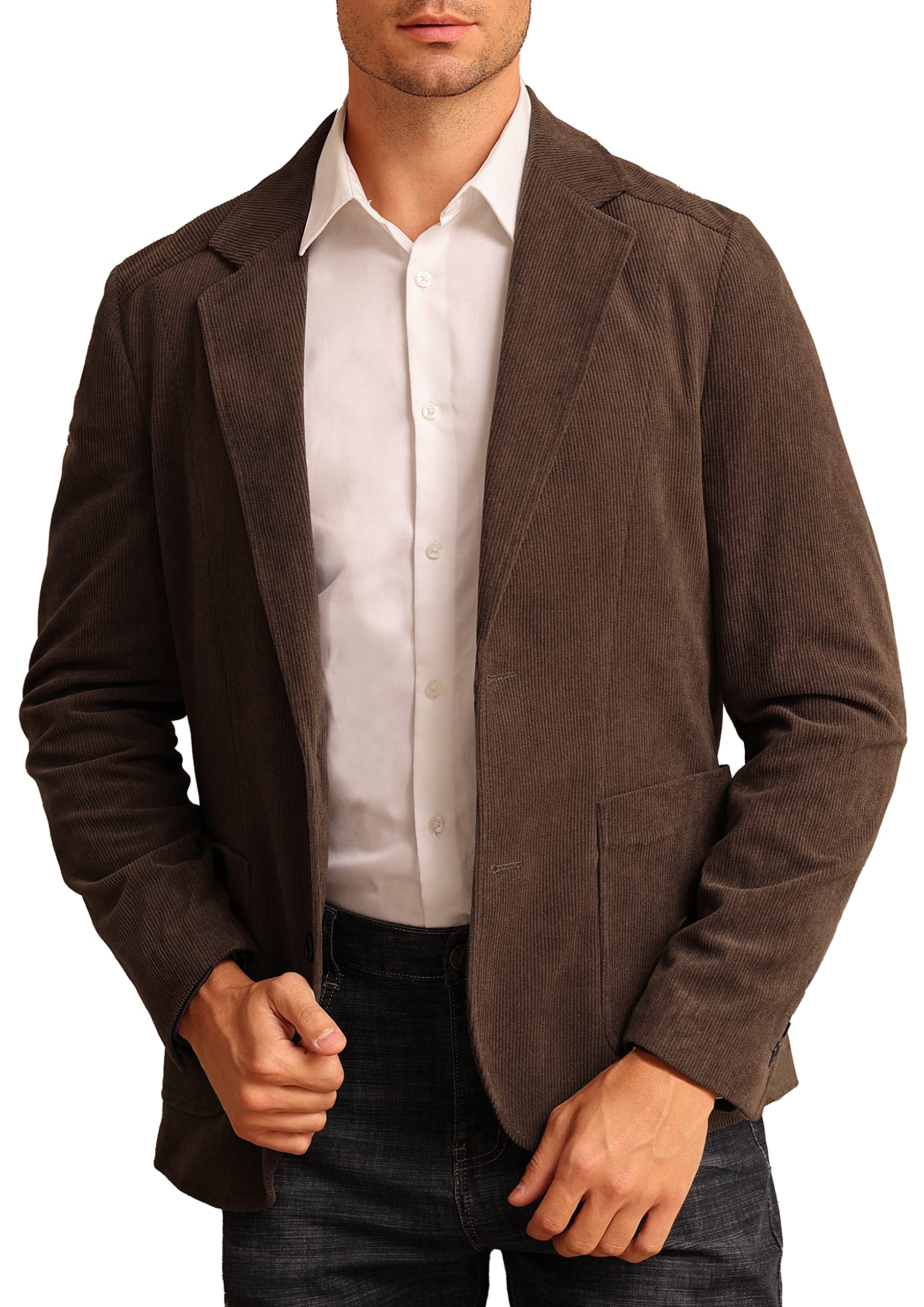 Men's Casual Corduroy Suit Blazer Single-Button Sport Coat Dark Brown L