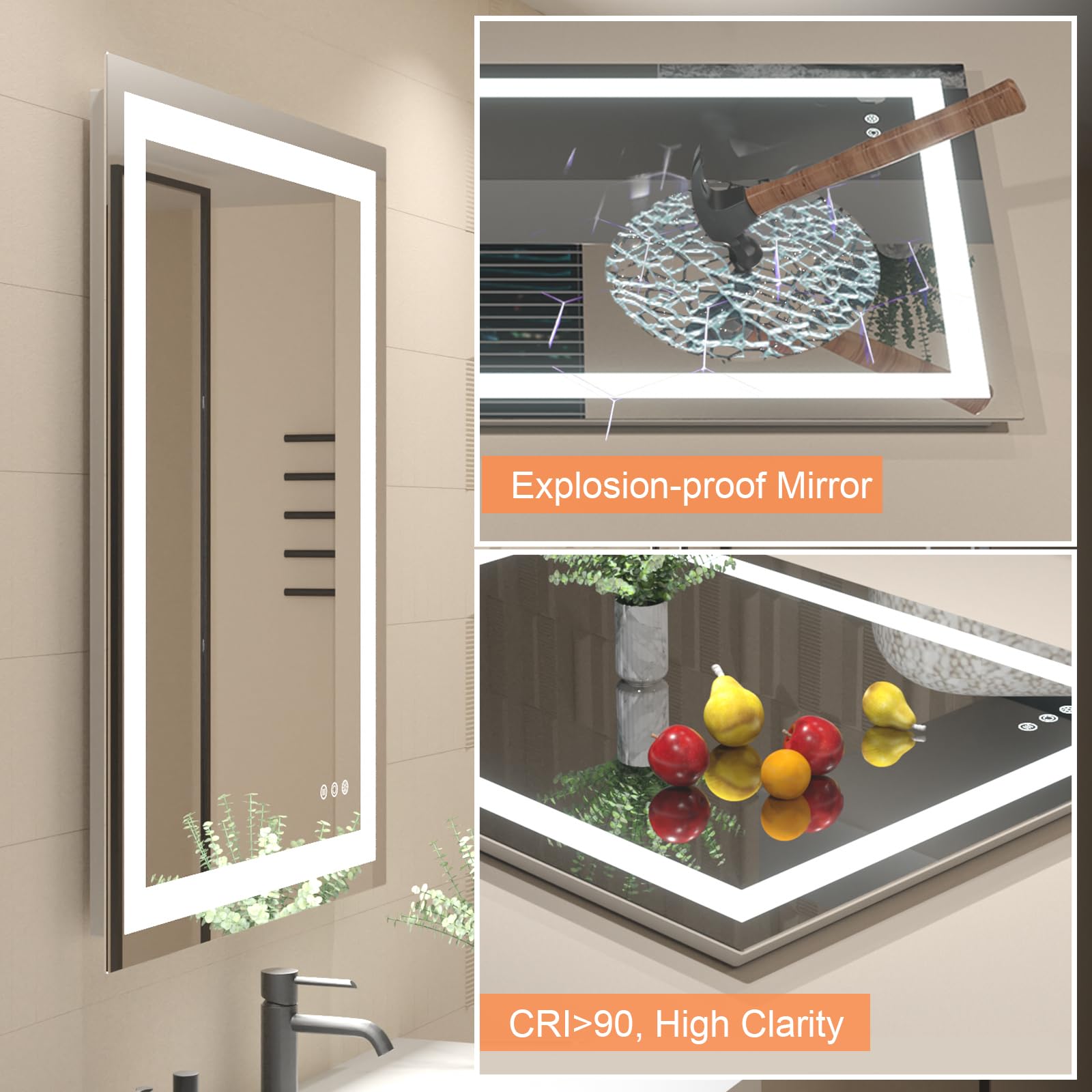 Modlicht 36" x24β LED Bathroom Mirror, Dimmable LED Mirror for Bathroom, Adjustable Warm/Natural/Cold Light, Memory Function, IP54, Lighted Bathroom Mirror with Smart Touch Button, Home Decor