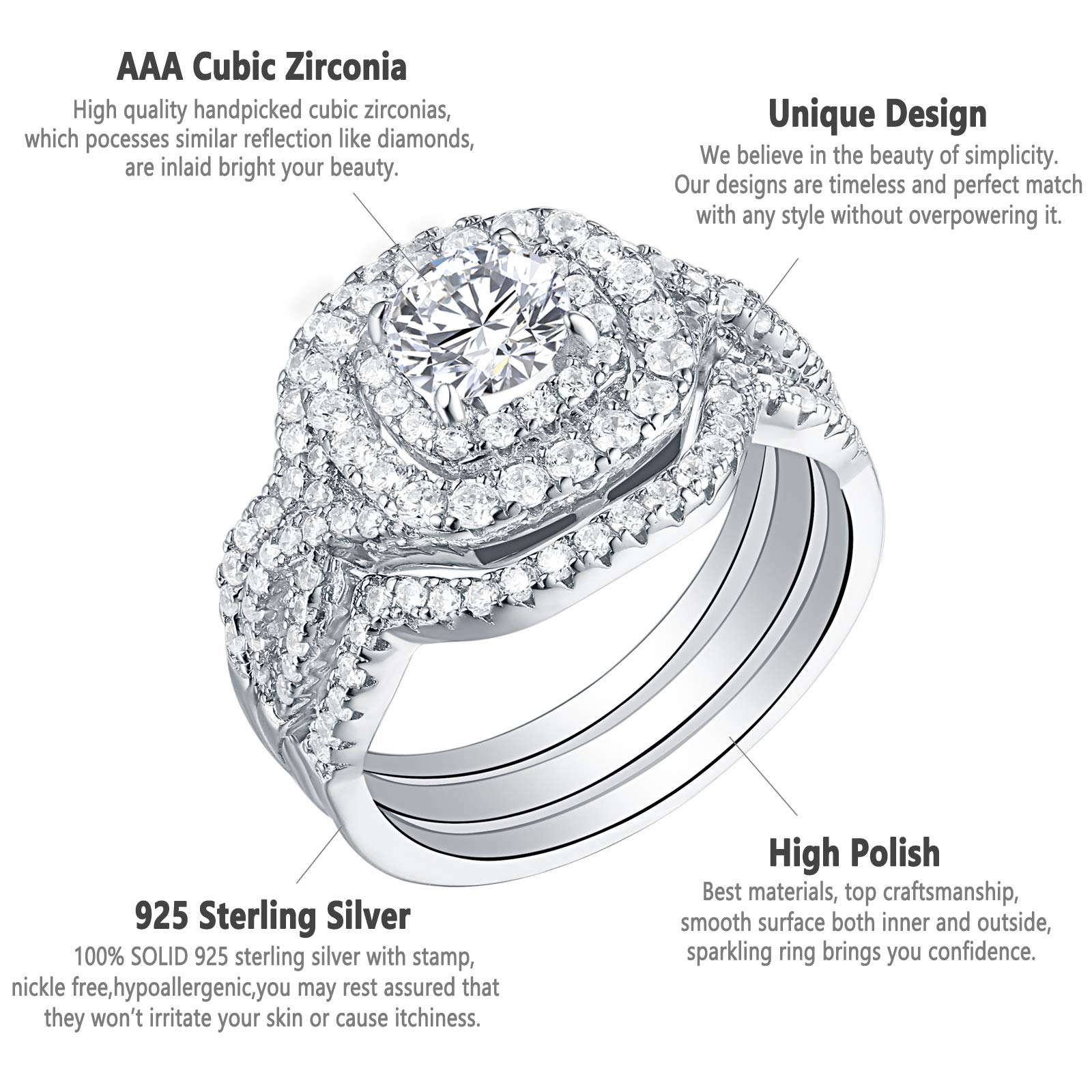 Newshe Jewellery Engagement Rings AAAAA Cz Wedding Sets for Women 925 Sterling Silver 3pcs 2.3Ct White Size 7
