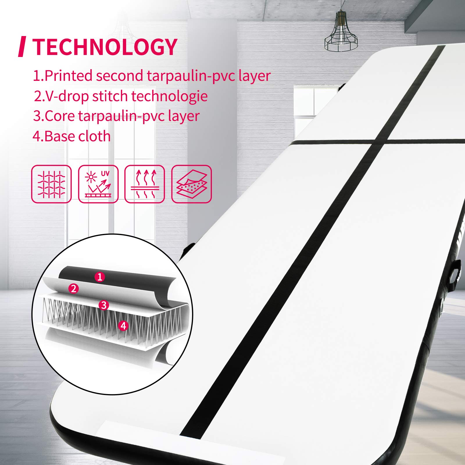 Murtisol 34ft Inflatable Gymnastics Training Mats Tumbling Mats 4 Inch Thickness for Home Use/Training/Cheerleading/Yoga/Water Fun with Electric Pump Black