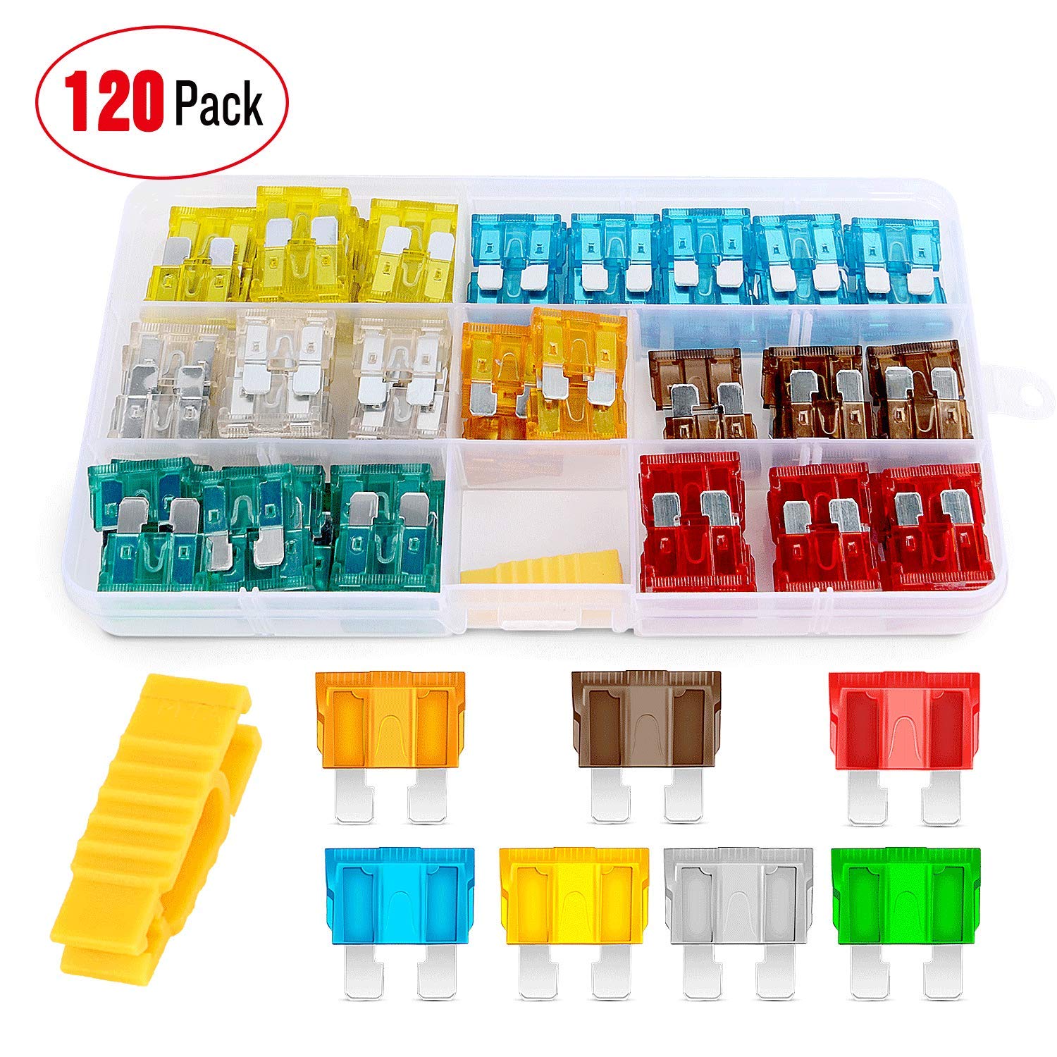 Nilight - 50029R 120 Pcs Standard Blade Fuse 5A/7.5A/10A/15A/20A/25A/30A AMP Assorted Set with 10 Pack 14AWG ATC/ATO Inline Fuse Holder, 2 Years Warranty, 1 Count (Pack of 10)