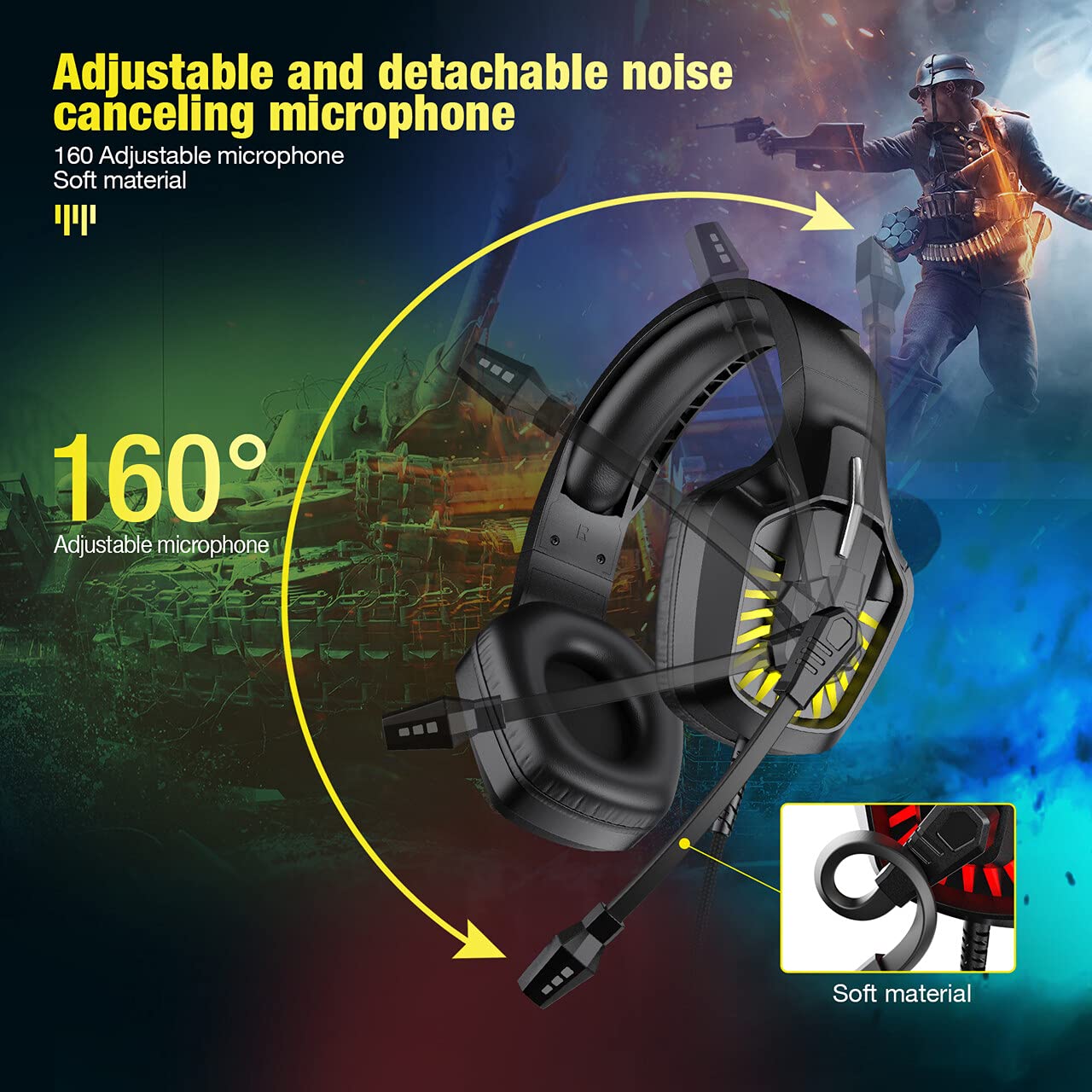 Powerextra Gaming Headset for PC, Over Ear Headphones with Noise Cancelling Microphone LED Light, Mic, Volume Control, Soft Memory Earmuffs for Laptop Mac Nintendo PS4 PS5 Xbox One Controller