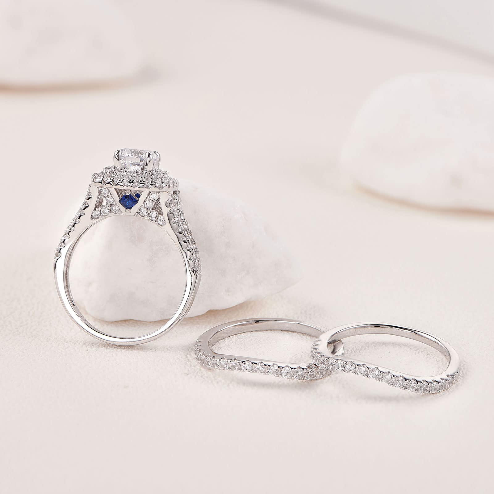 Newshe Wedding Rings for Women Engagement Set Blue Sapphire Sterling Silver White Cz 3Pcs Size 7