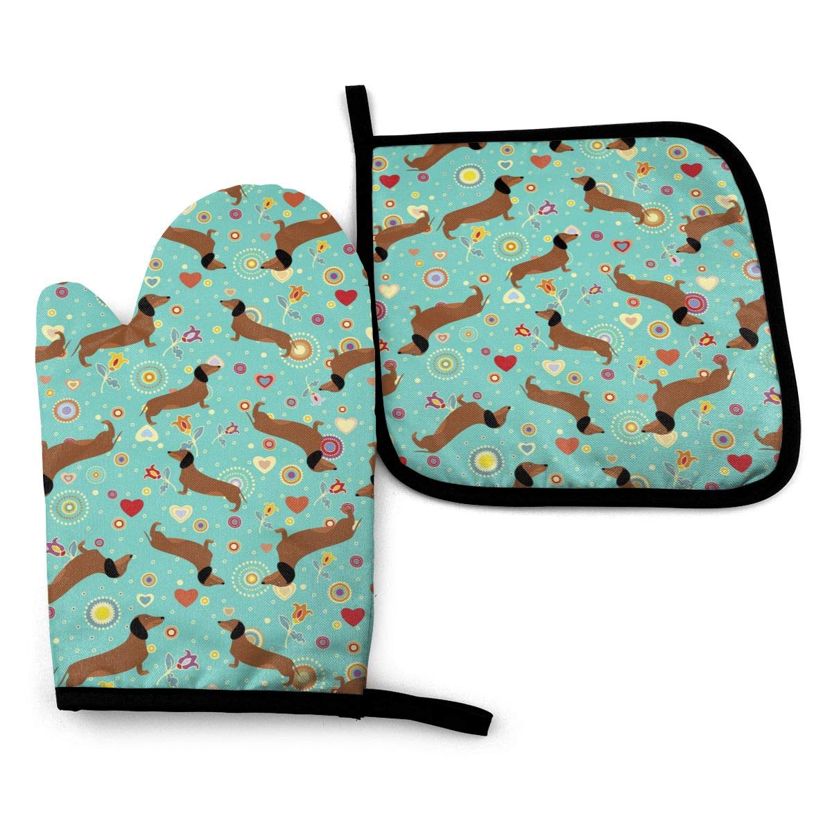 Oven Mitt and Pot Holders, 2 Piece Set, Dachshunds On Turquoise Floral Background Cotton Lining Waterproof BBQ Gloves