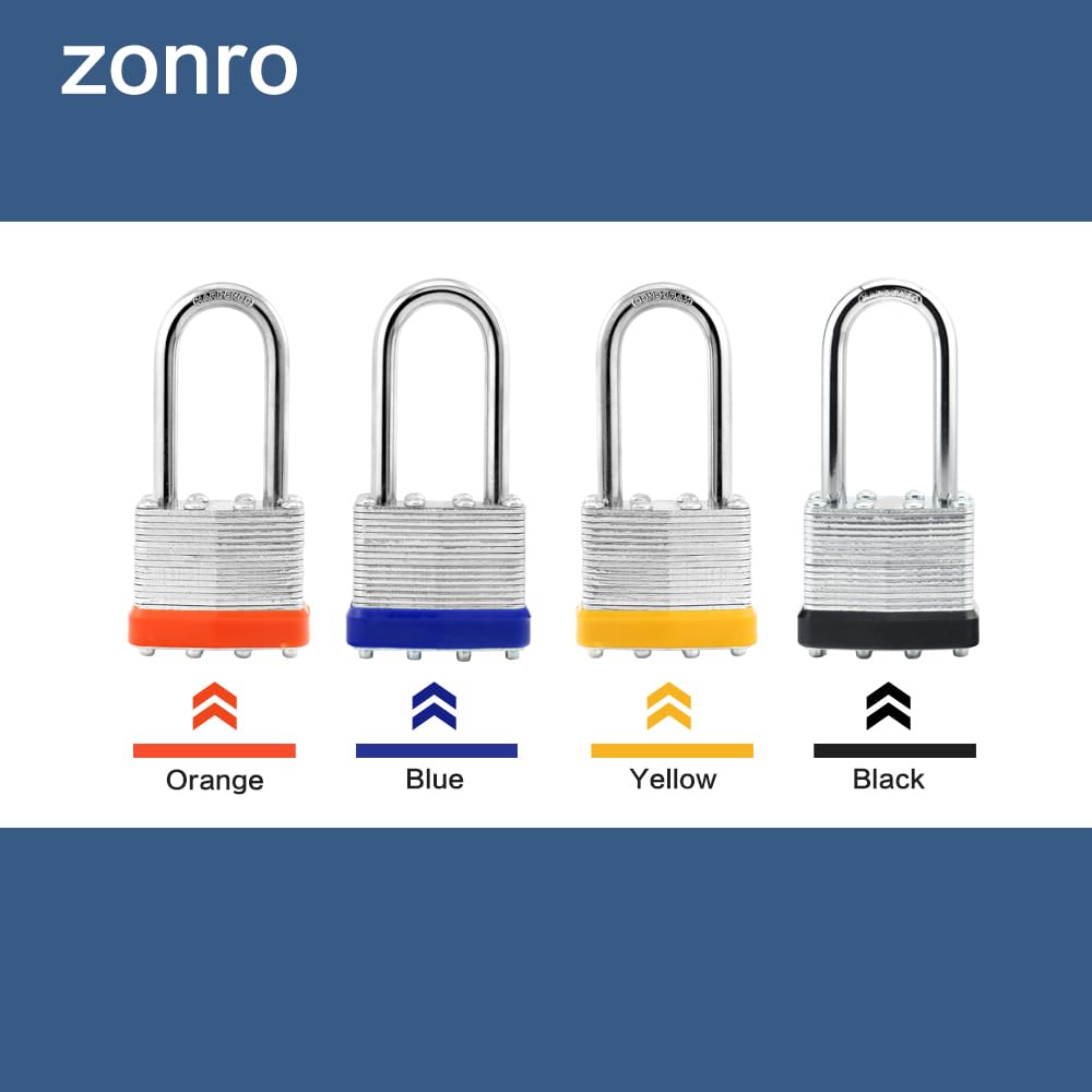 ZonRo Locks Laminated Steel Keyed Padlocks Keyed Alike Locks, Long Shackle Padlocks, for Hasp Latch, Sheds, Fences, Storage Locker, School, Gym,Pack of 6