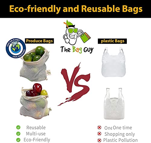 TheBagGuy - Organic Cotton Mesh Bags | Reusable Vegetable Produce Bags | Multipurpose Biodegradable Zero Waste Bag | Washable | Food Safe | Drawstring Closure | Quality Double Stitched (9 Pack)