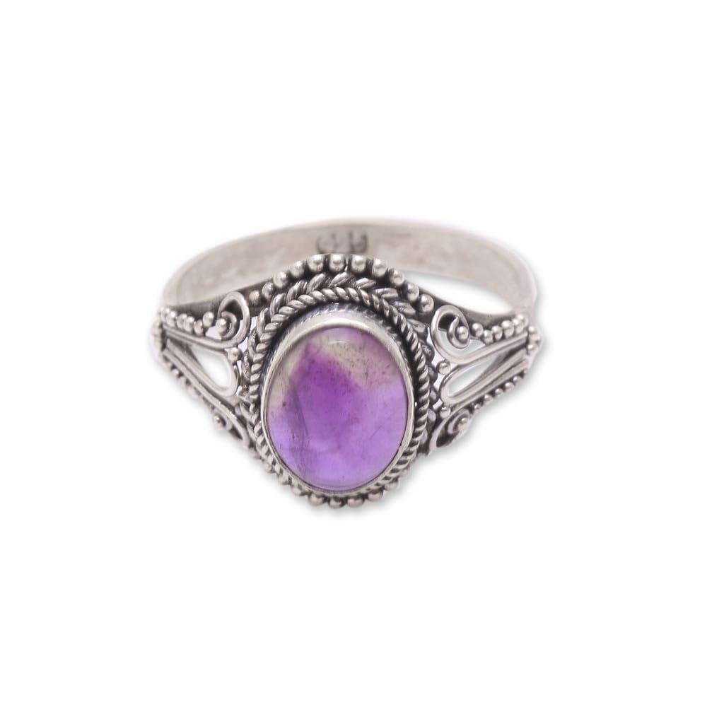 NOVICA Artisan Handmade Amethyst Singlestone Ring from Bali Sterling Silver Indonesia Birthstone Gemstone [ring Front 0.6 in H x 0.4 in W x 0.3 in D Band Width 3 mm W] ' Princess Gem'