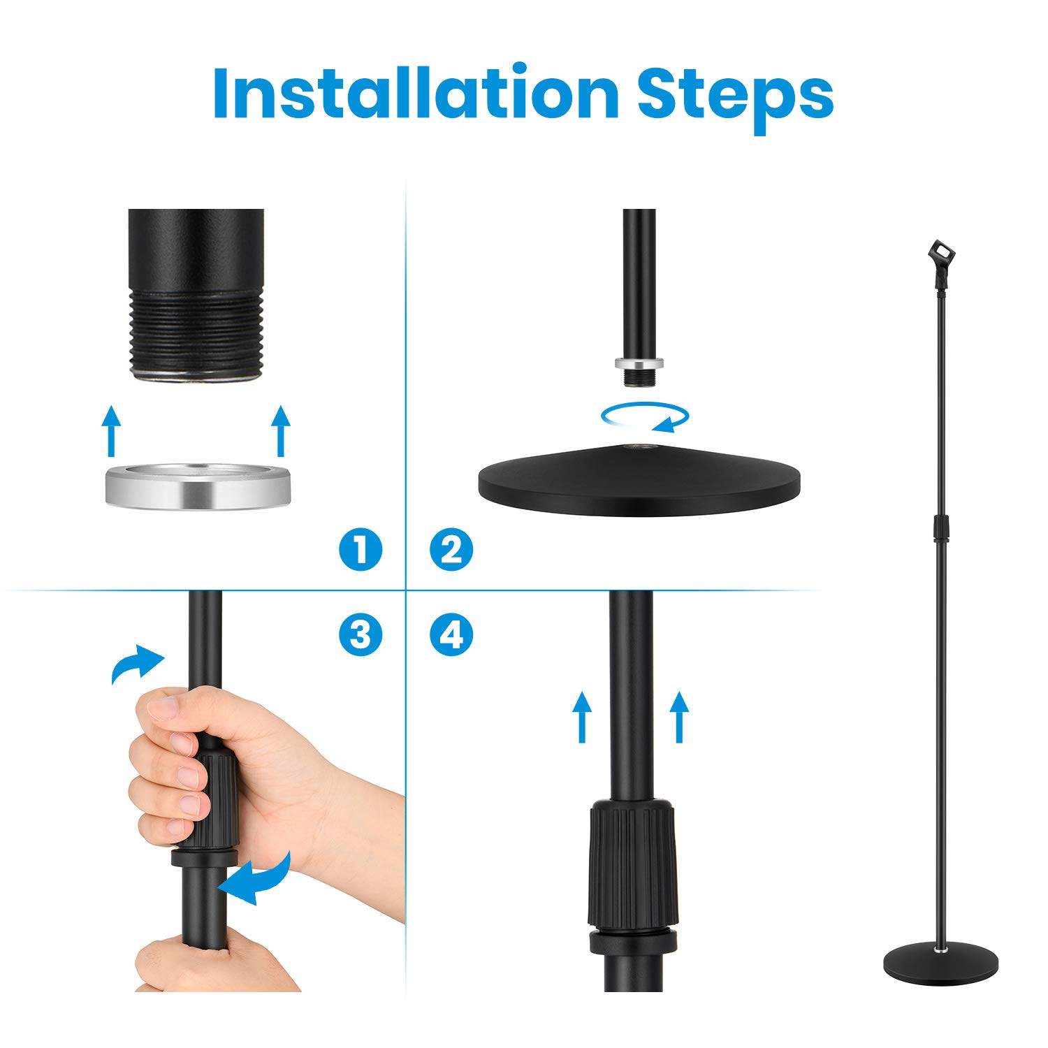 Moukey Microphone Stand, Universal Mic Stand with Heavy Duty Metallic Round Base, Height Adjustable (39.9'' to 70'') Floor Mic Stand with Mic Holder for Singing, Karaoke, Speech, Stage